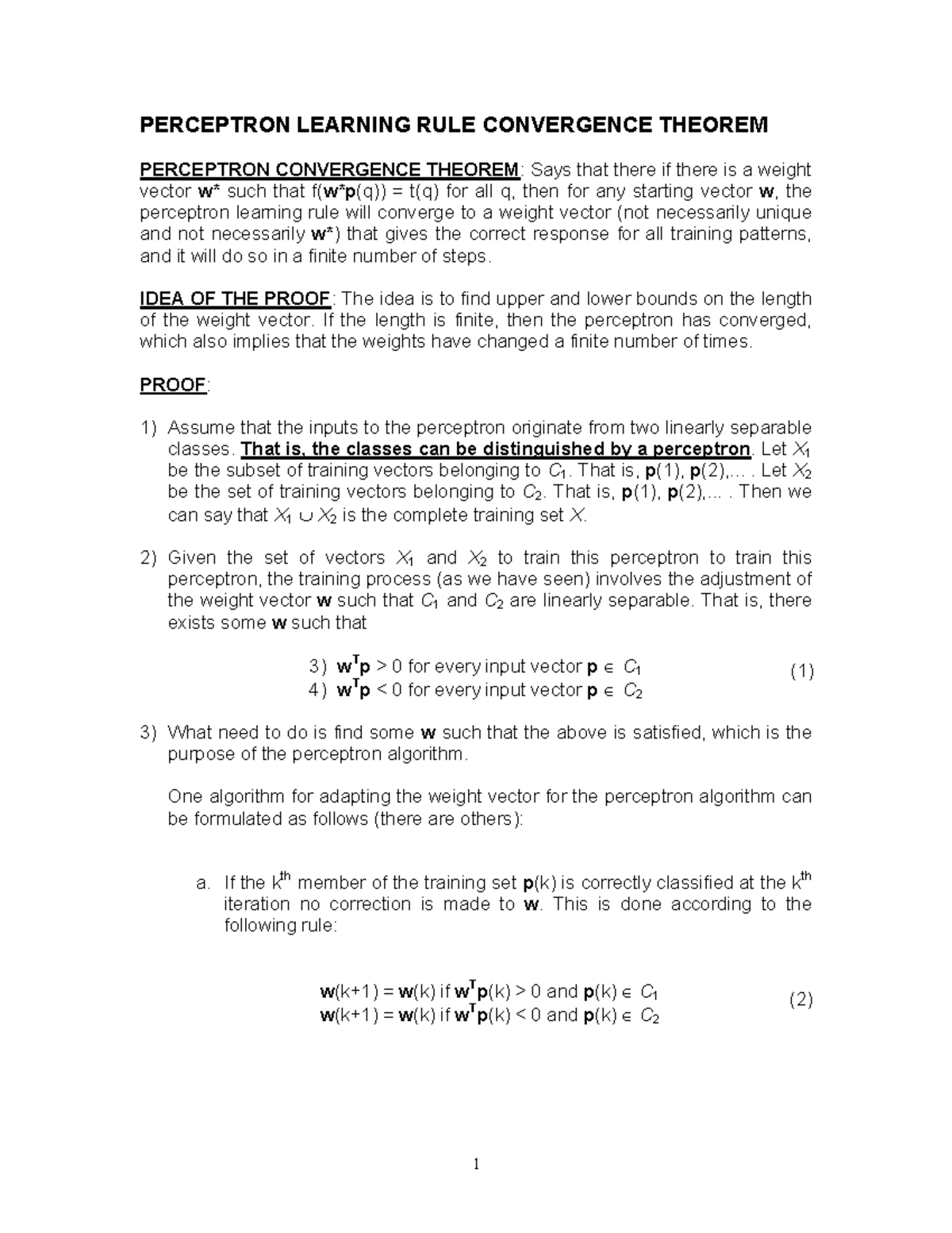 Percept Conv Proofghh - PERCEPTRON LEARNING RULE CONVERGENCE THEOREM ...