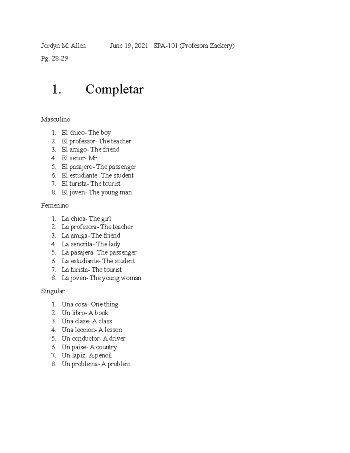 Spanish 102 week 3 assignment Textbook work - Jordyn M. Allen June 19 ...