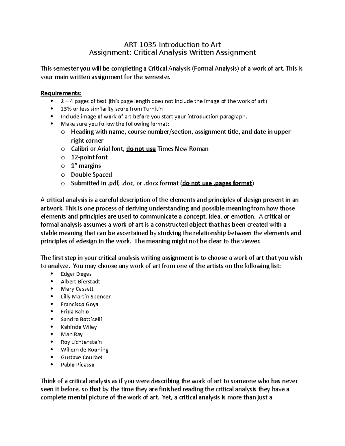Written Assignment Critical Analysis - ART 1035 Introduction to Art ...