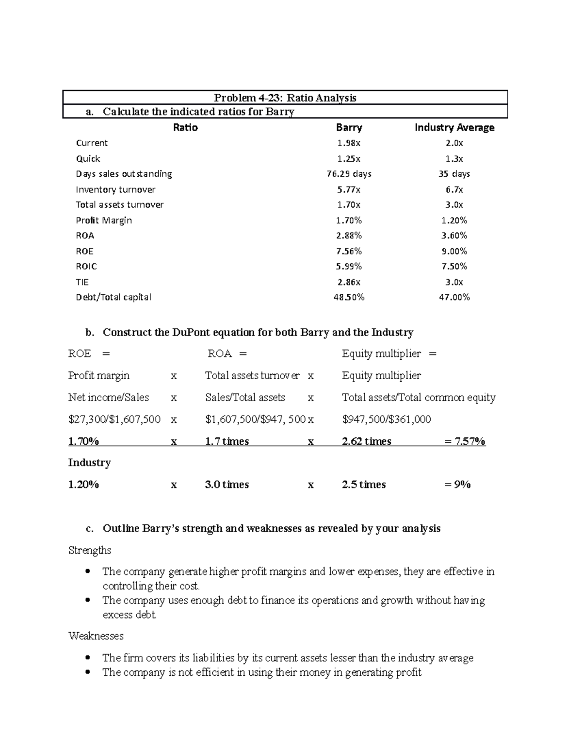 ROE 073227 - Return on equity - Problem 4-23: Ratio Analysis a ...