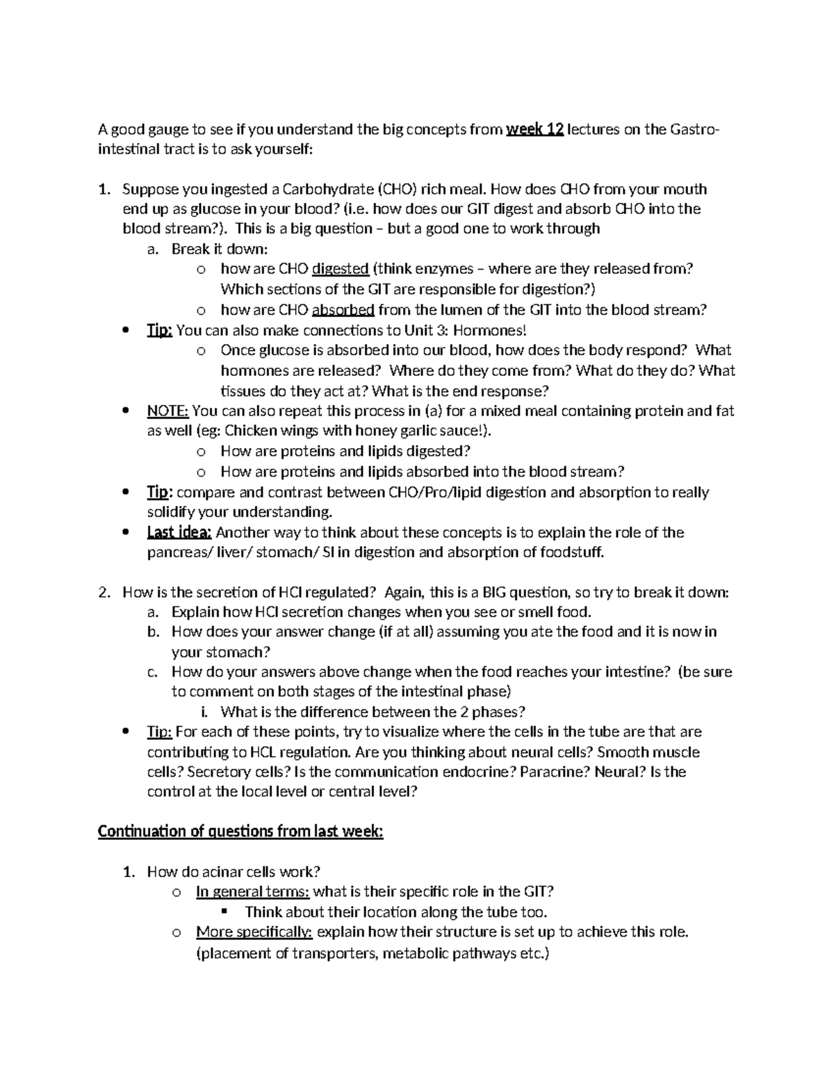 Thinking questions - end of week 12 - A good gauge to see if you ...