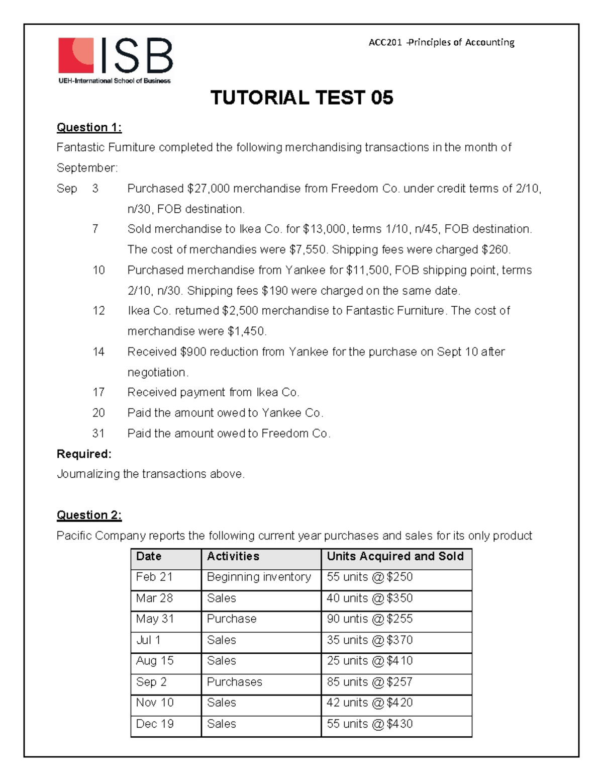 TT05 Q-1 - question only - ACC201 -Principles of Accounting TUTORIAL ...