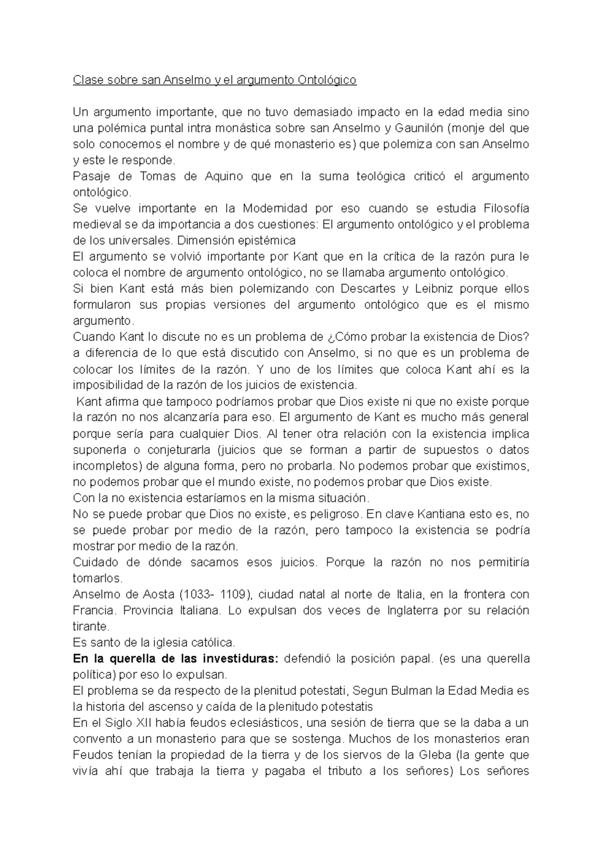 Clase sobre san Anselmo y el argumento Ontológico - Clase sobre san Anselmo y el argumento - Studocu