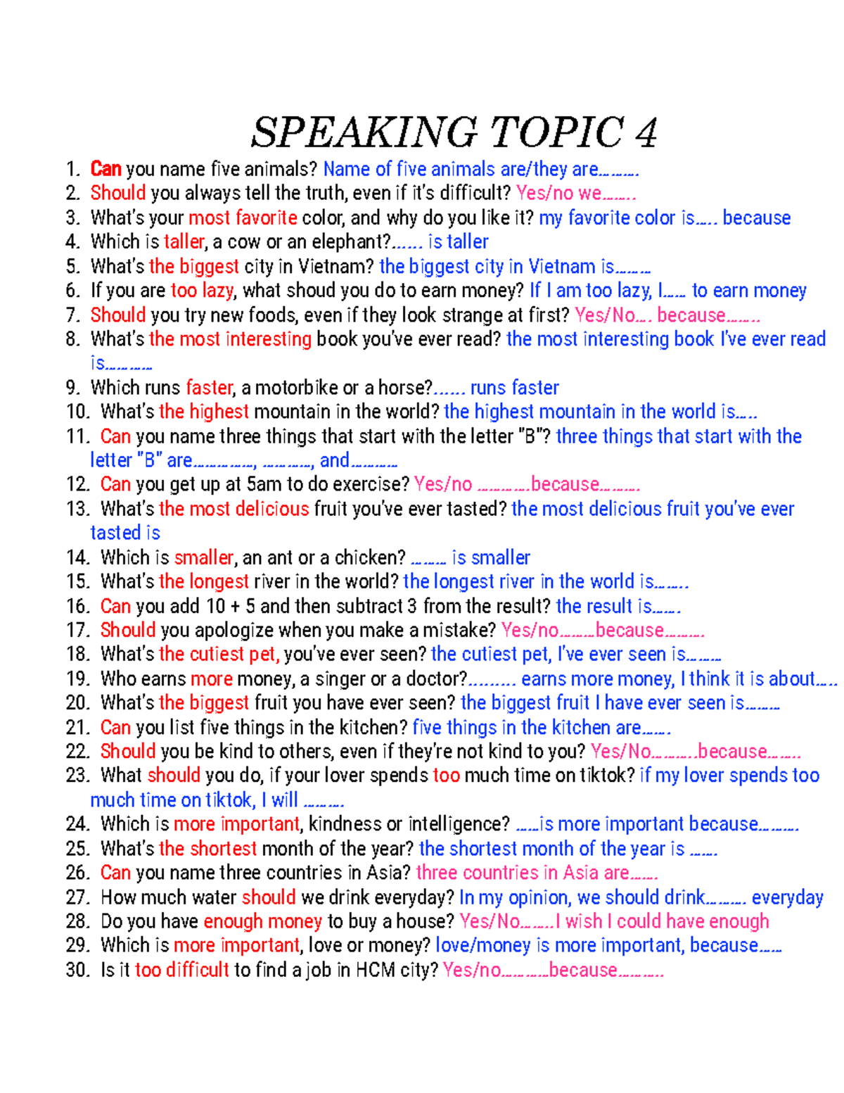 BÀI THI NÓI 4 - kkkkkkkkkk - SPEAKING TOPIC 4 Can you name five animals ...