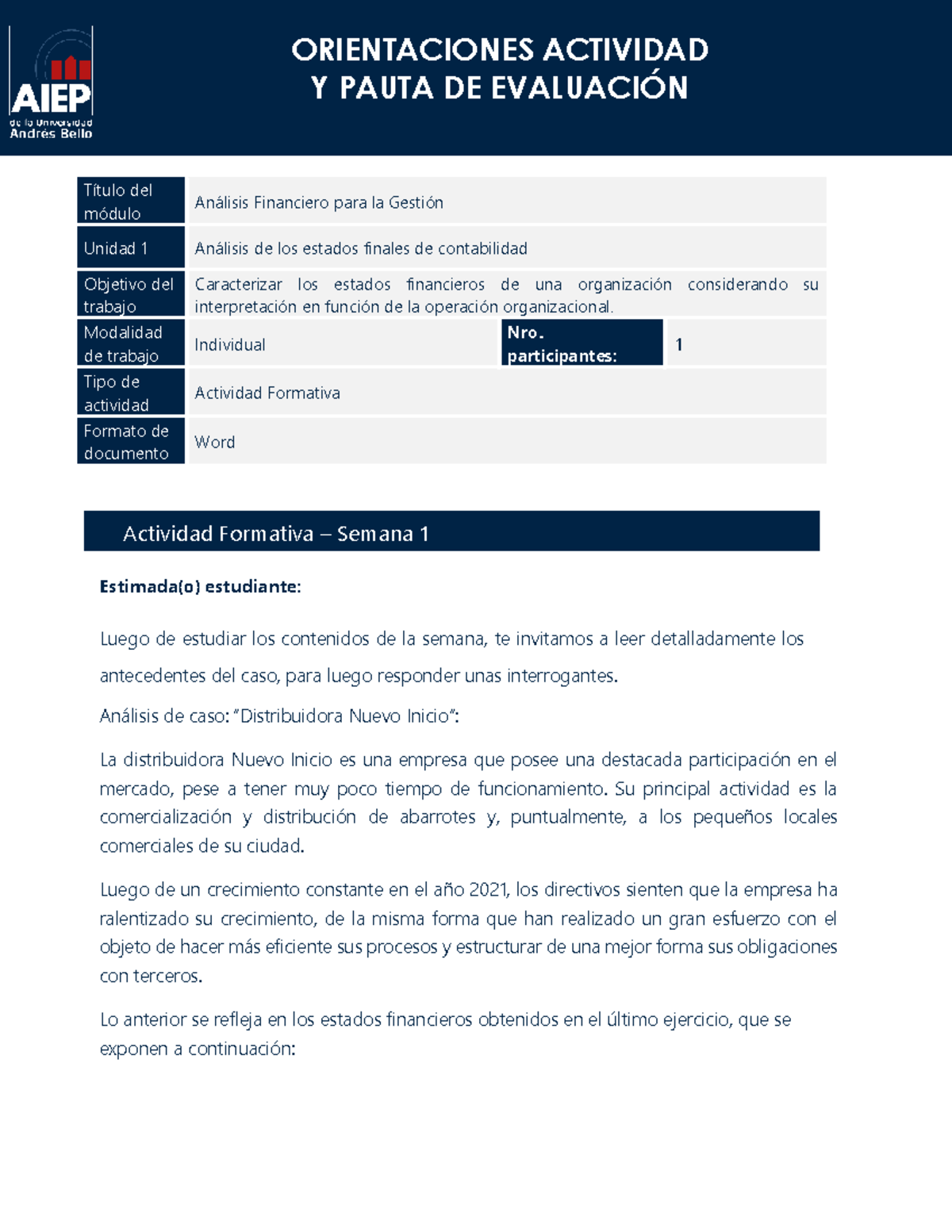 AIA101 Actividad Formativa S1 Forma A - Y PAUTA DE EVALUACIÓN Estimada ...