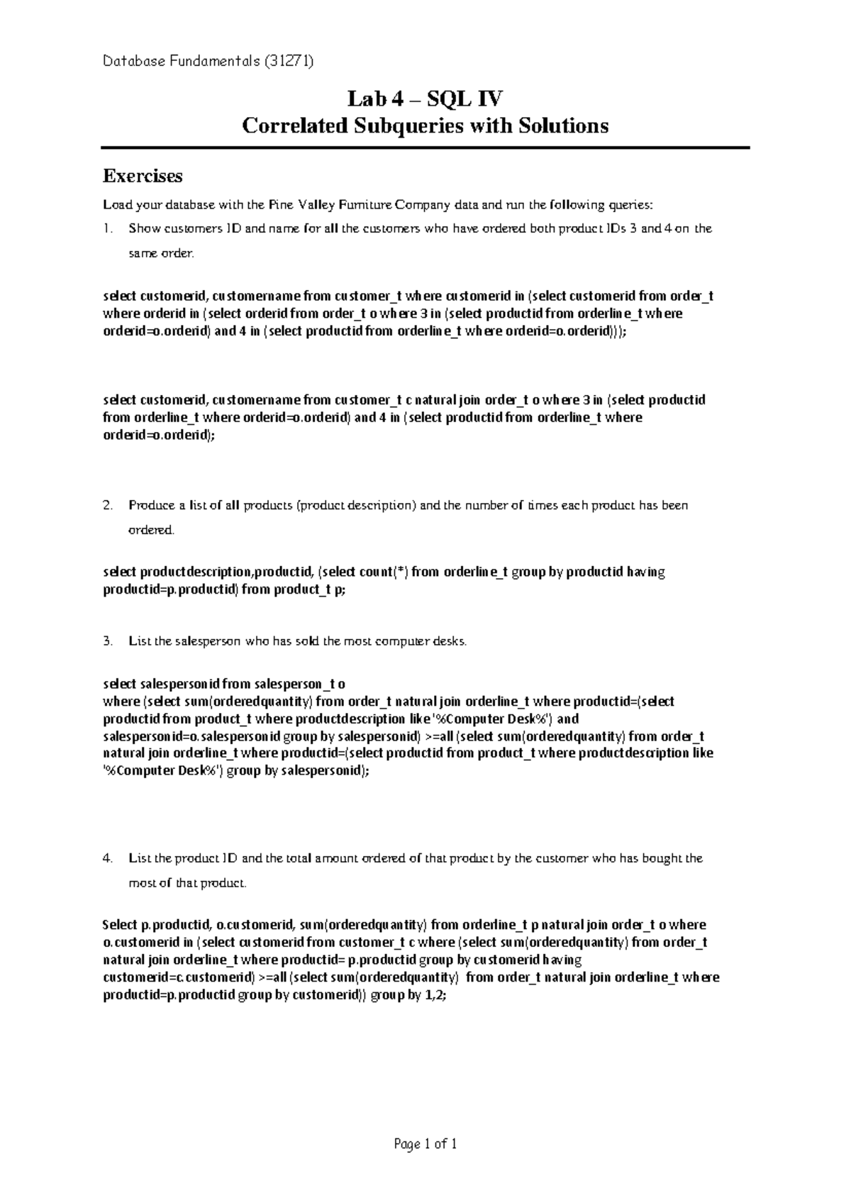 Solutions to More Questions (SQL IV)-Remove Results - Database Fundamentals ( 31271 ) Page 1 of ...