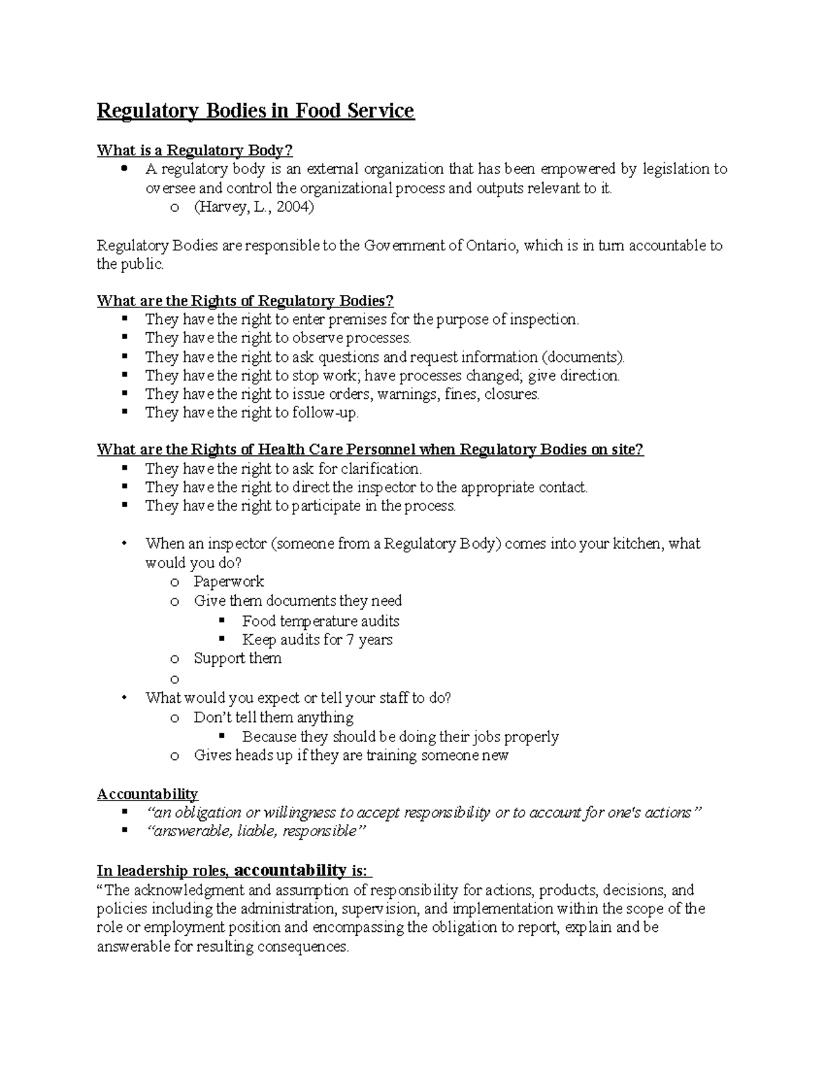 Regulatory Bodies in Food Service - o (Harvey, L., 2004) Regulatory ...
