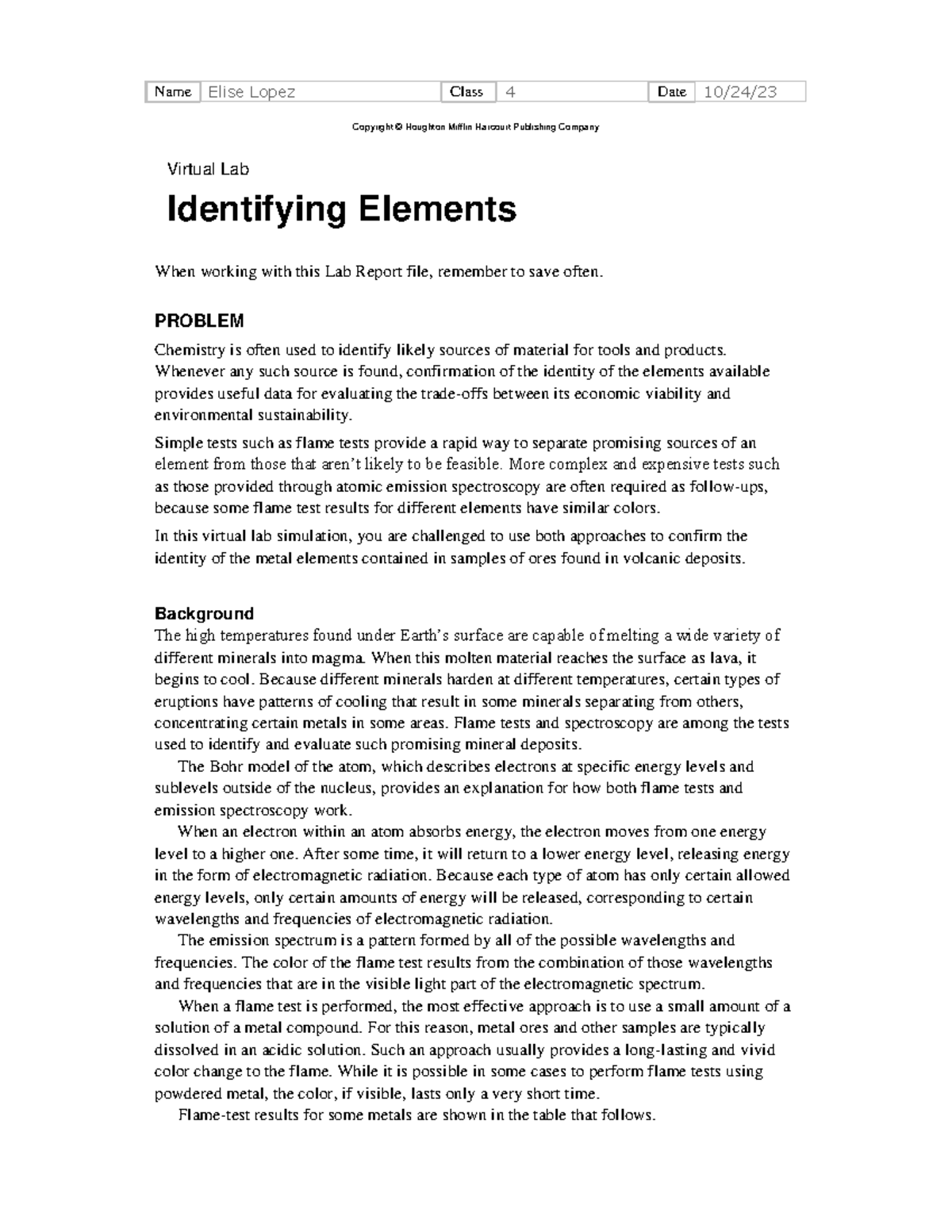 Virtual lab - identifying elements - Name Elise Lopez Class 4 Date 10/24/ Copyright © Houghton ...