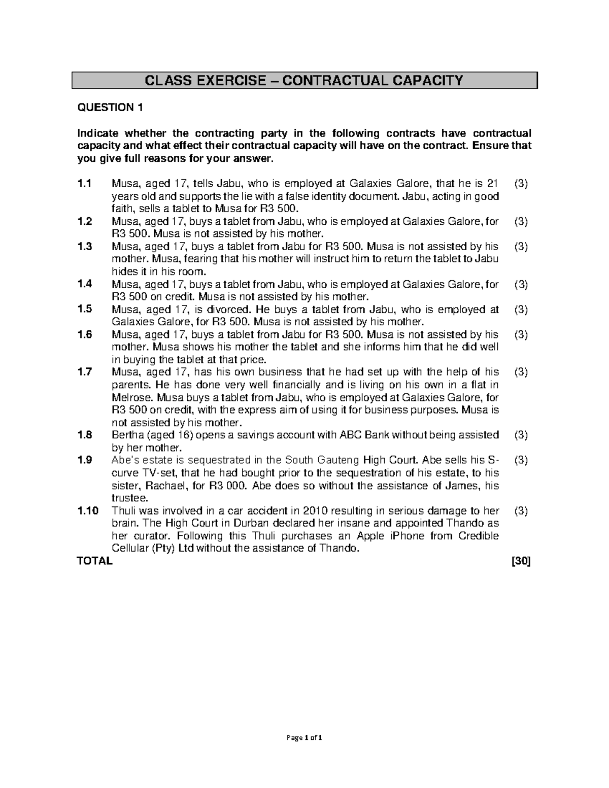 Class Exercise - Contractual Capacity - Page 1 of 1 CLASS EXERCISE – CONTRACTUAL CAPACITY ...