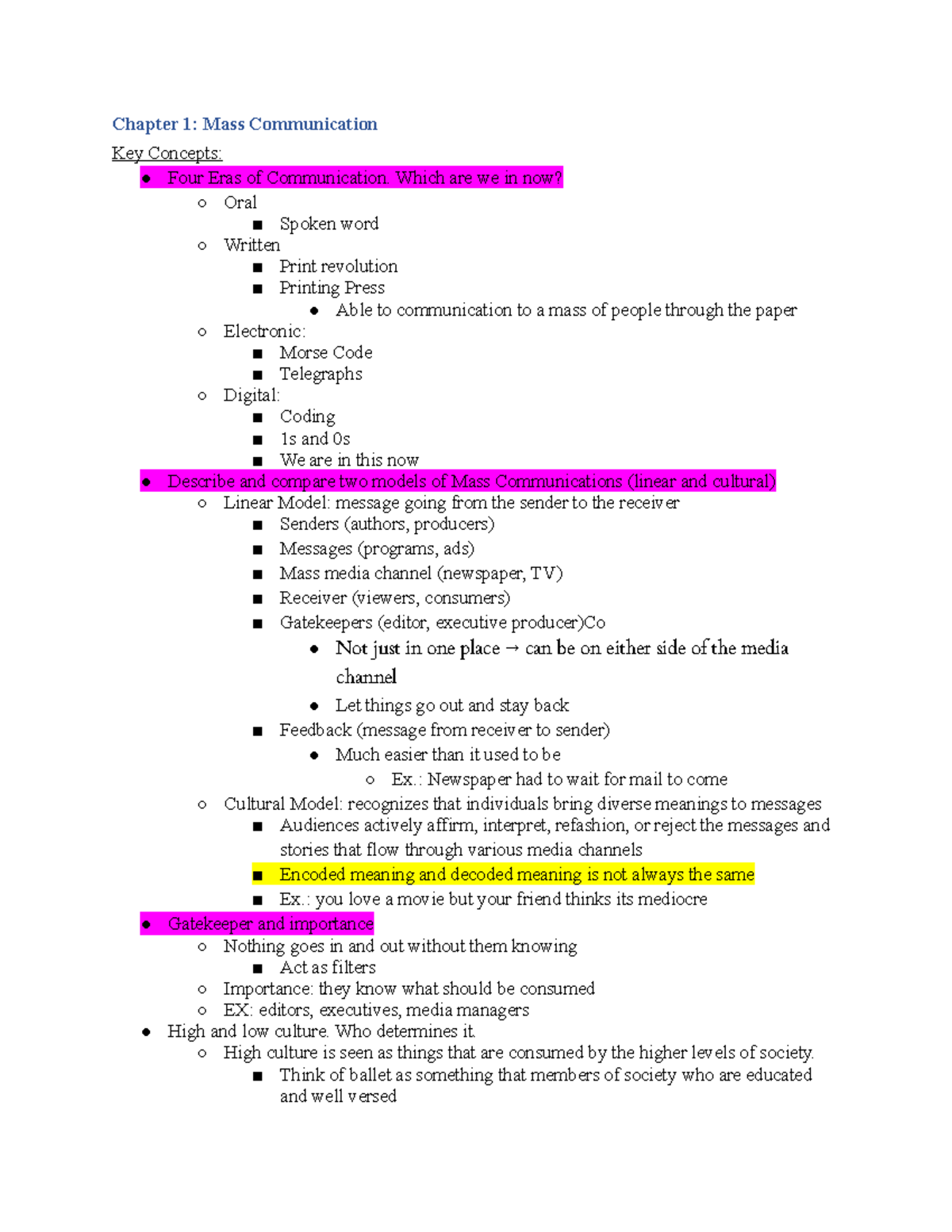 COM 107-Study Guide exam 1 - Chapter 1: Mass Communication Key Concepts ...