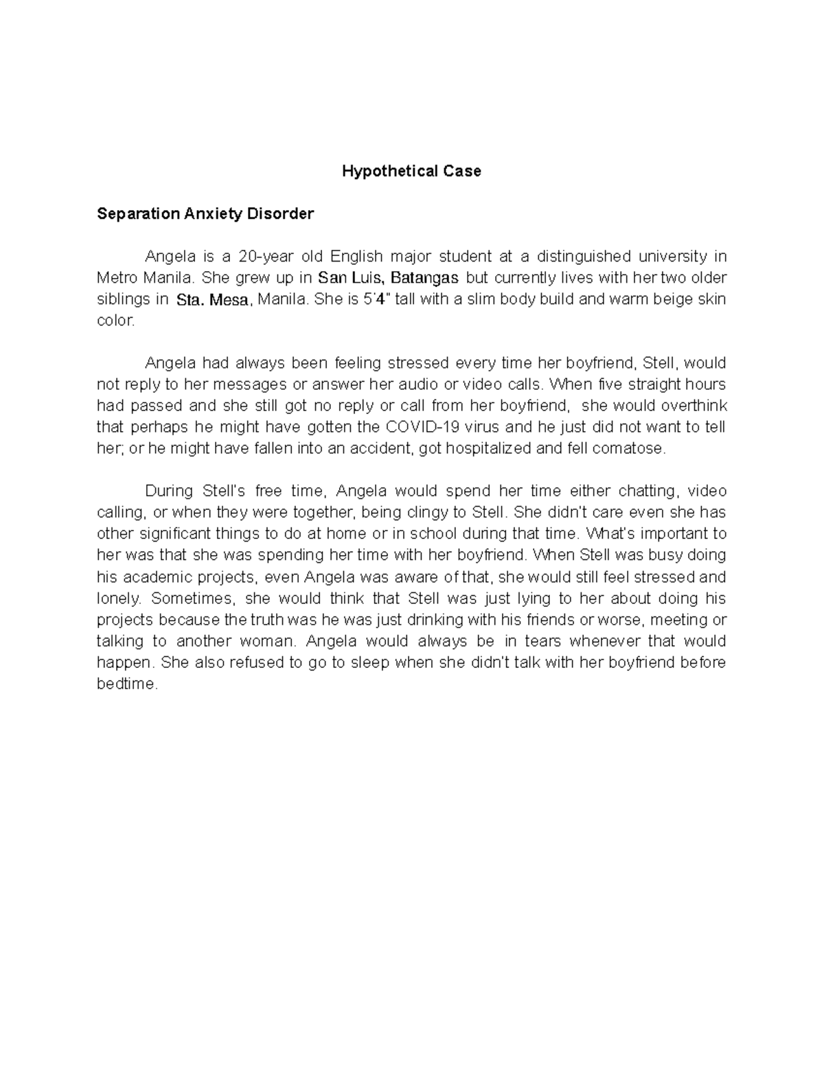 Separation Anxiety Hypothetical Case - Campos, Angela Marie M. AB PSY ...