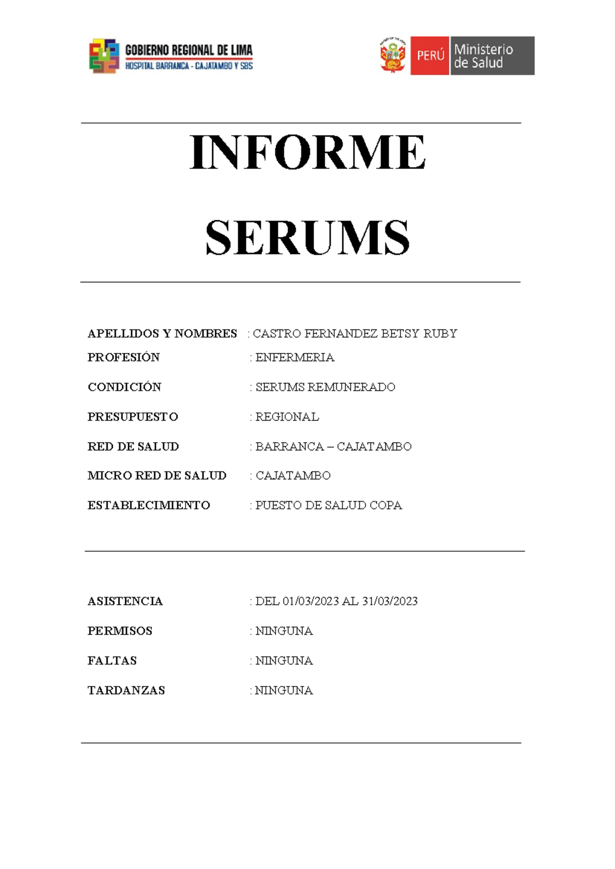 Serums 2023 - jmmmmm - INFORME SERUMS APELLIDOS Y NOMBRES : CASTRO ...