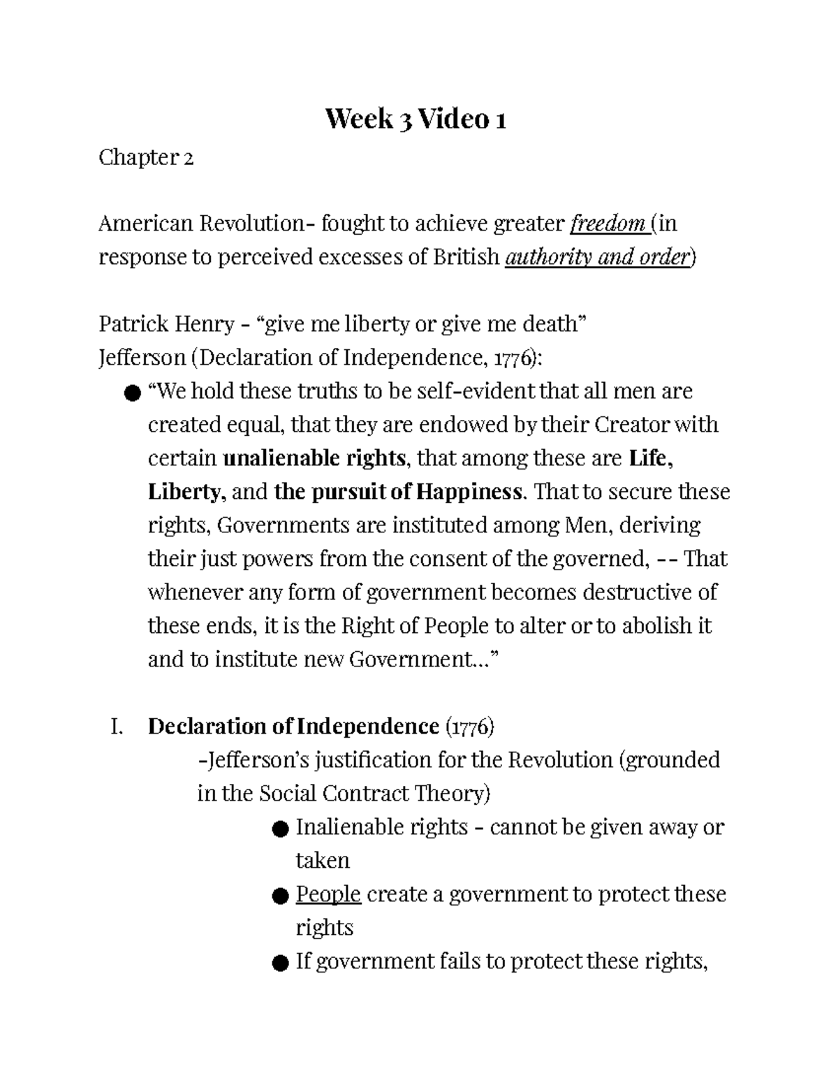 Week 3 Lecture Notes - Week 3 Video 1 Chapter 2 American Revolution ...