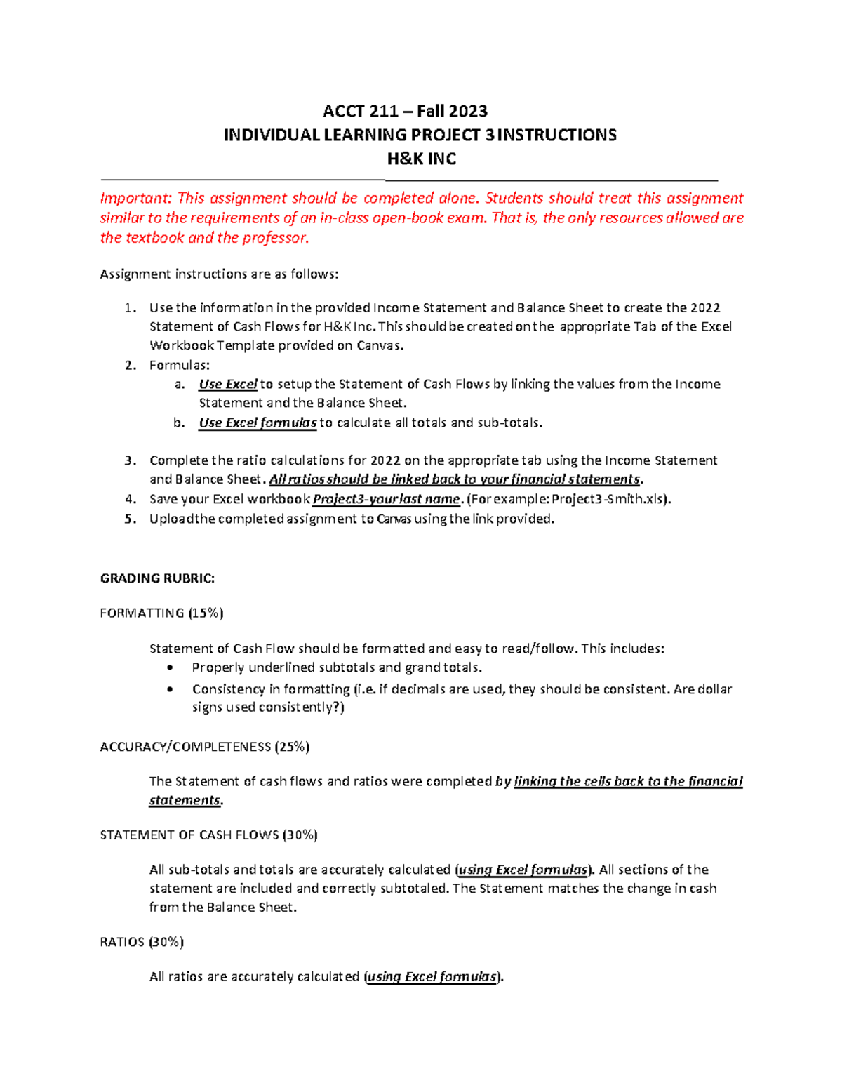 ACCT 211 ILP 3 Instructions Fall 2023 - ACCT 211 – Fall 2023 INDIVIDUAL ...