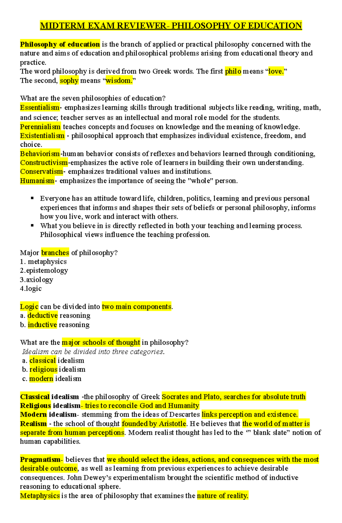 Midterm Exam Reviewer-Philosophy of Education - MIDTERM EXAM REVIEWER ...