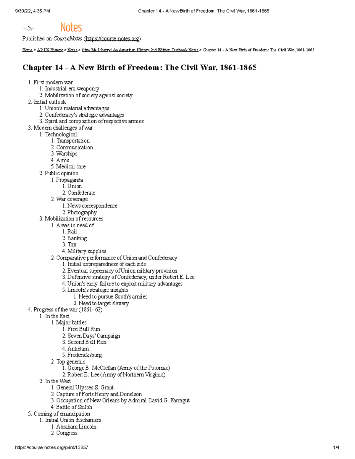 Chapter 14 Notes - A New Birth of Freedom The Civil War, 1861-1865 ...