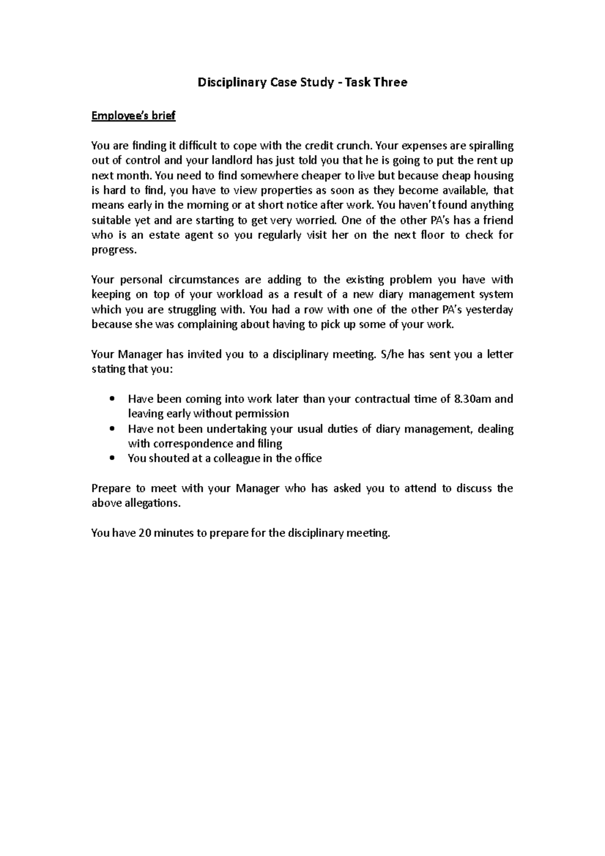 Disciplinary Case Study - Employees brief - Disciplinary Case Study ...