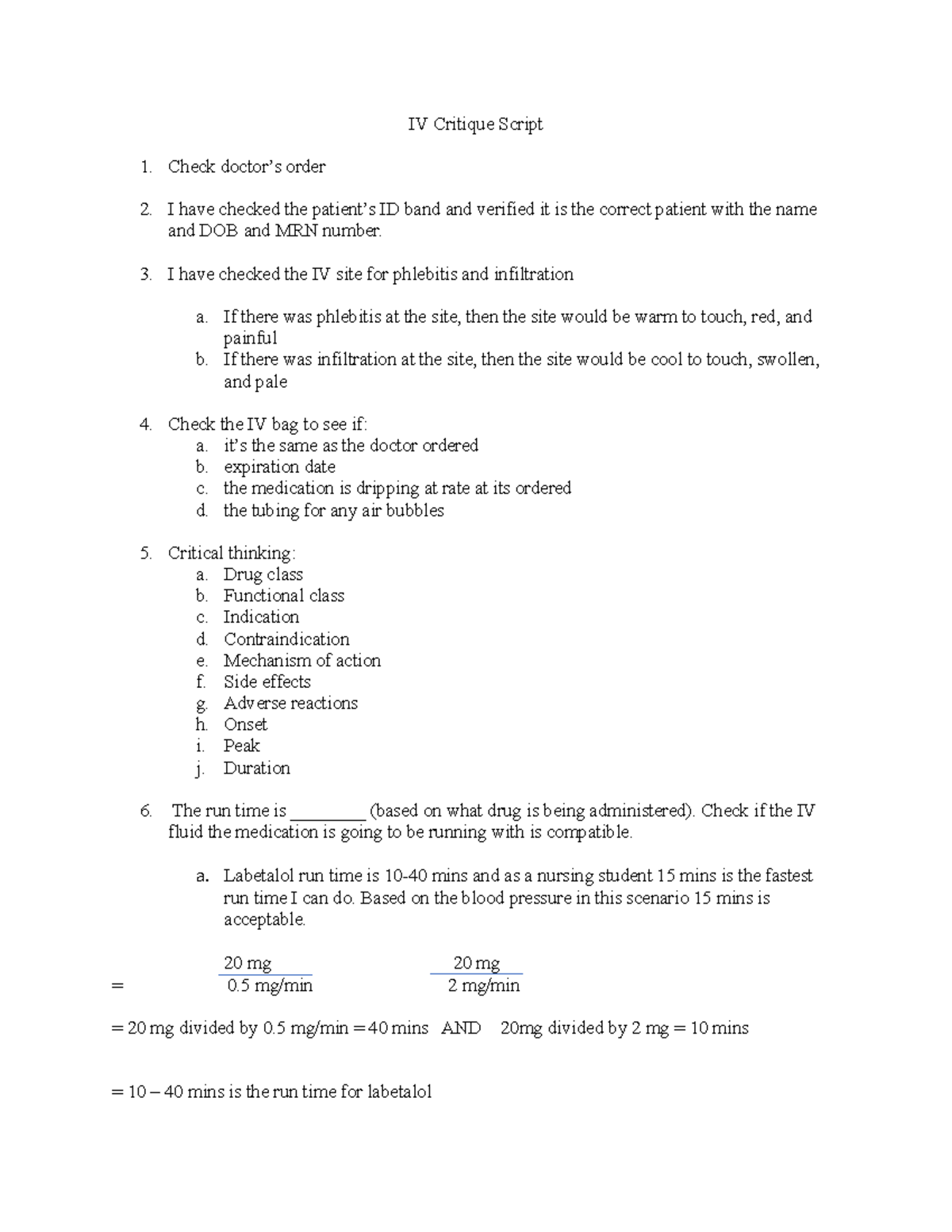 IV Critique Script - IV medication medication administration steps - IV ...