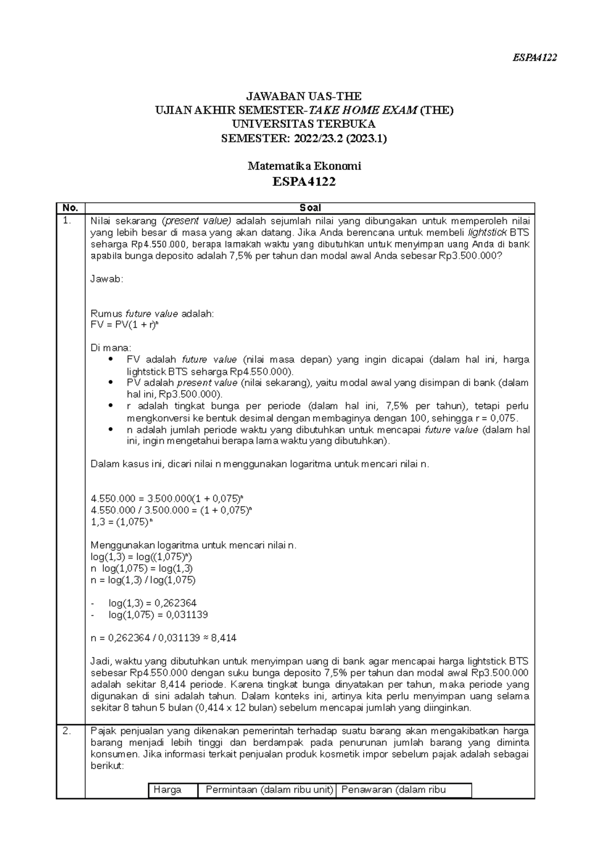 Matematika Ekonomi - semoga bisa membantu - ESPA JAWABAN UAS-THE UJIAN AKHIR SEMESTER-TAKE HOME ...