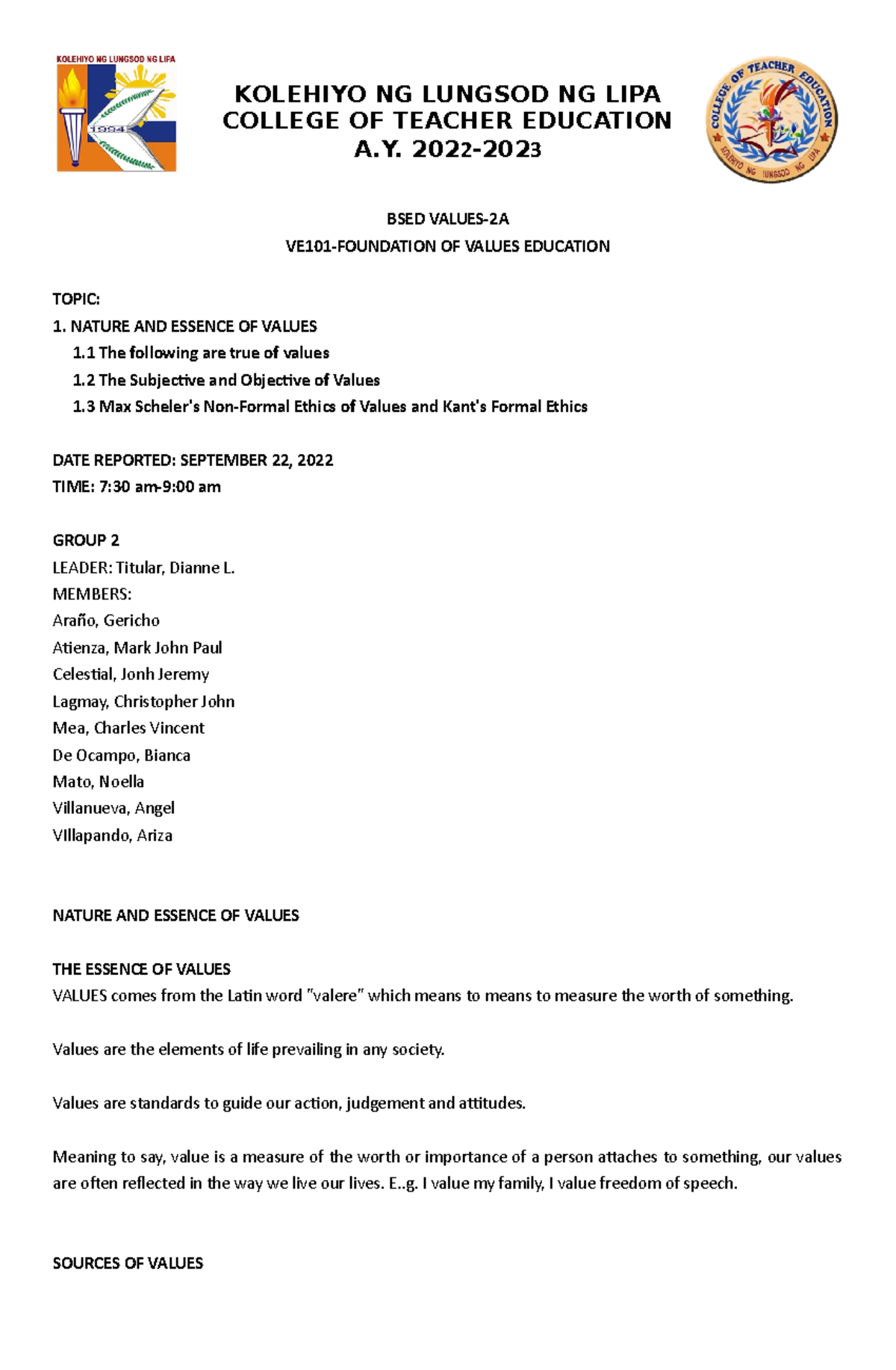 Group 2 VE101 Nature and Essence of Values - COLLEGE OF TEACHER ...