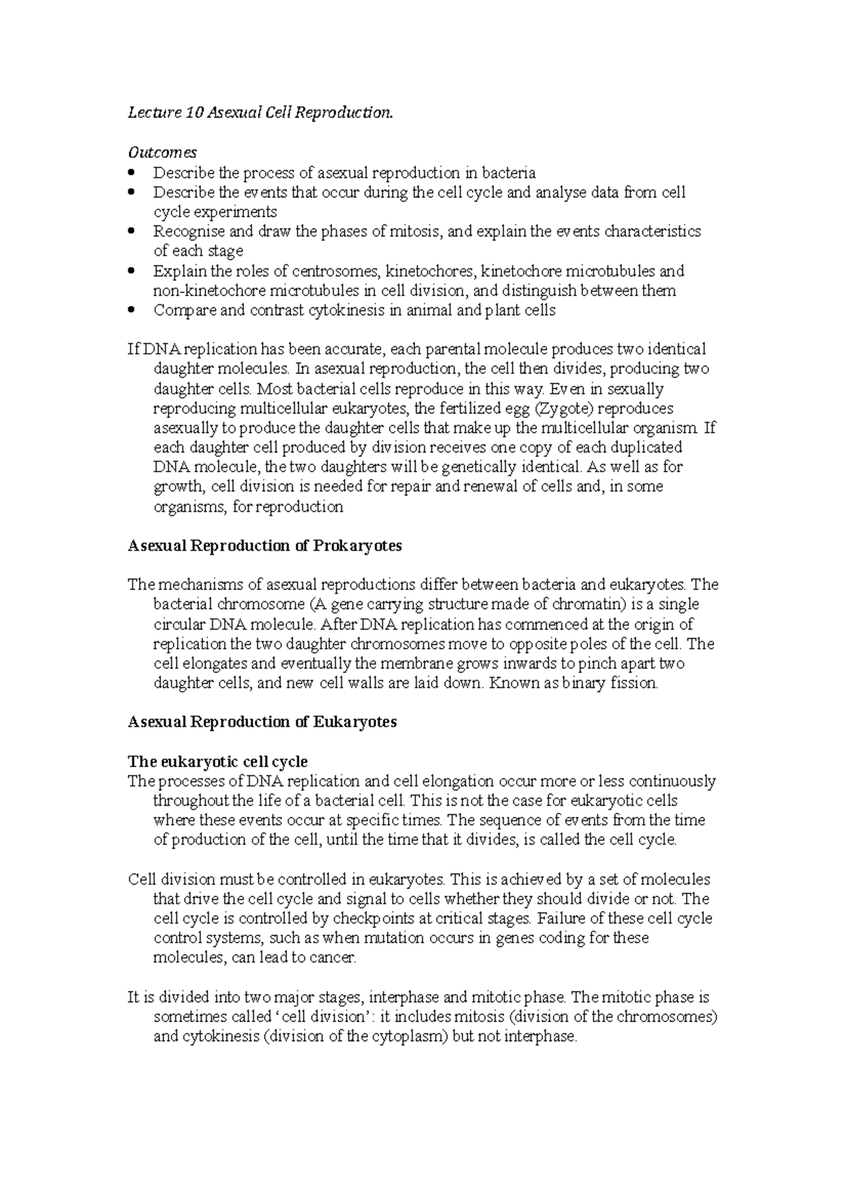 Lecture 10 Asexual Cell Reproduction - Lecture 10 Asexual Cell ...