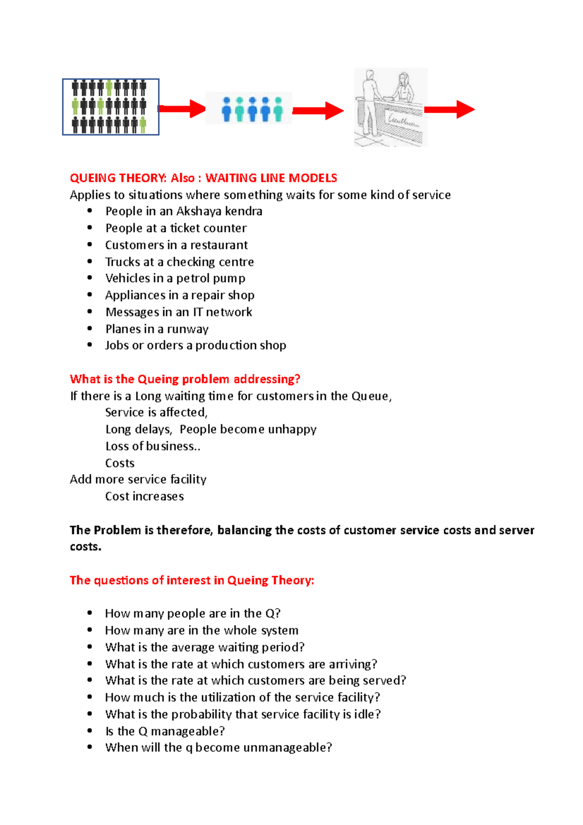 4 Queing Model - Lecture notes - QUEING THEORY: Also : WAITING LINE ...