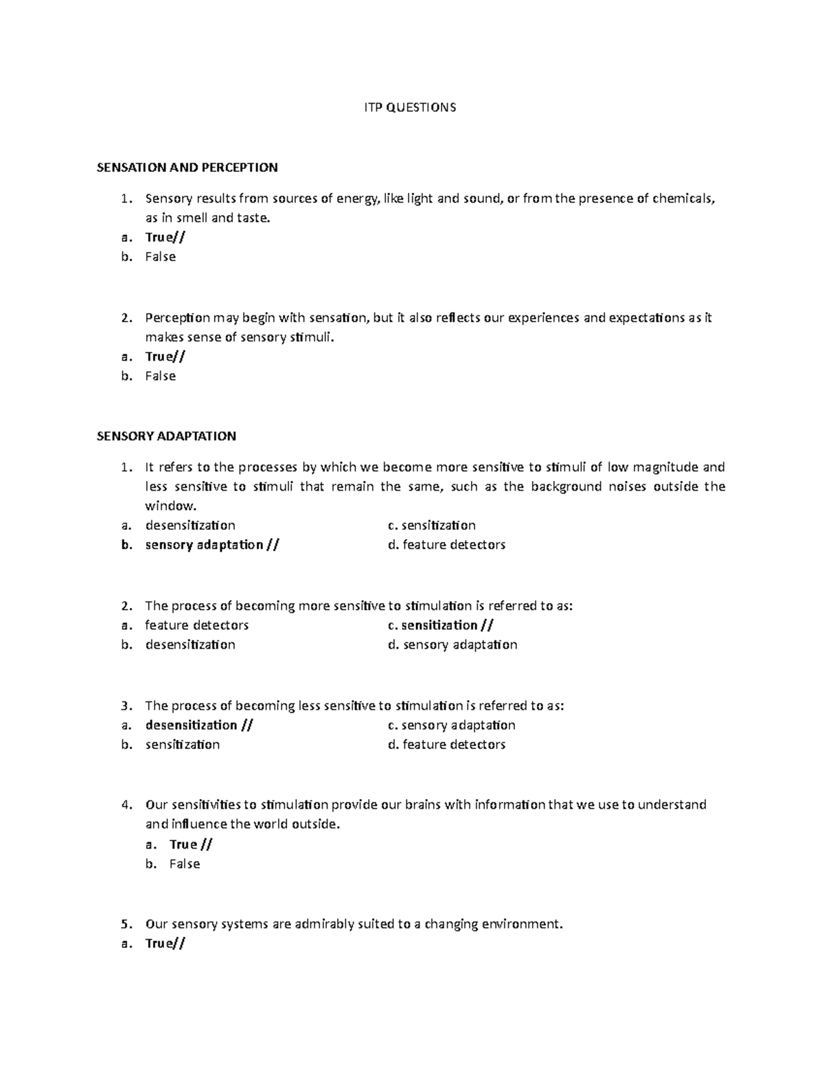 ITP Questions sensory adaptation - ITP QUESTIONS SENSATION AND ...