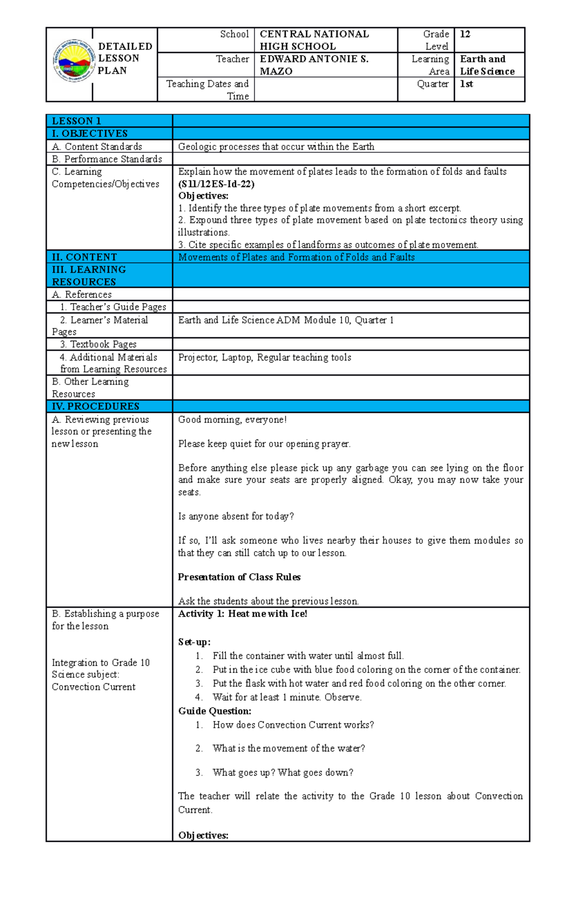 ELS Movement of Plates and Formation of Folds and Faults - DETAILED ...