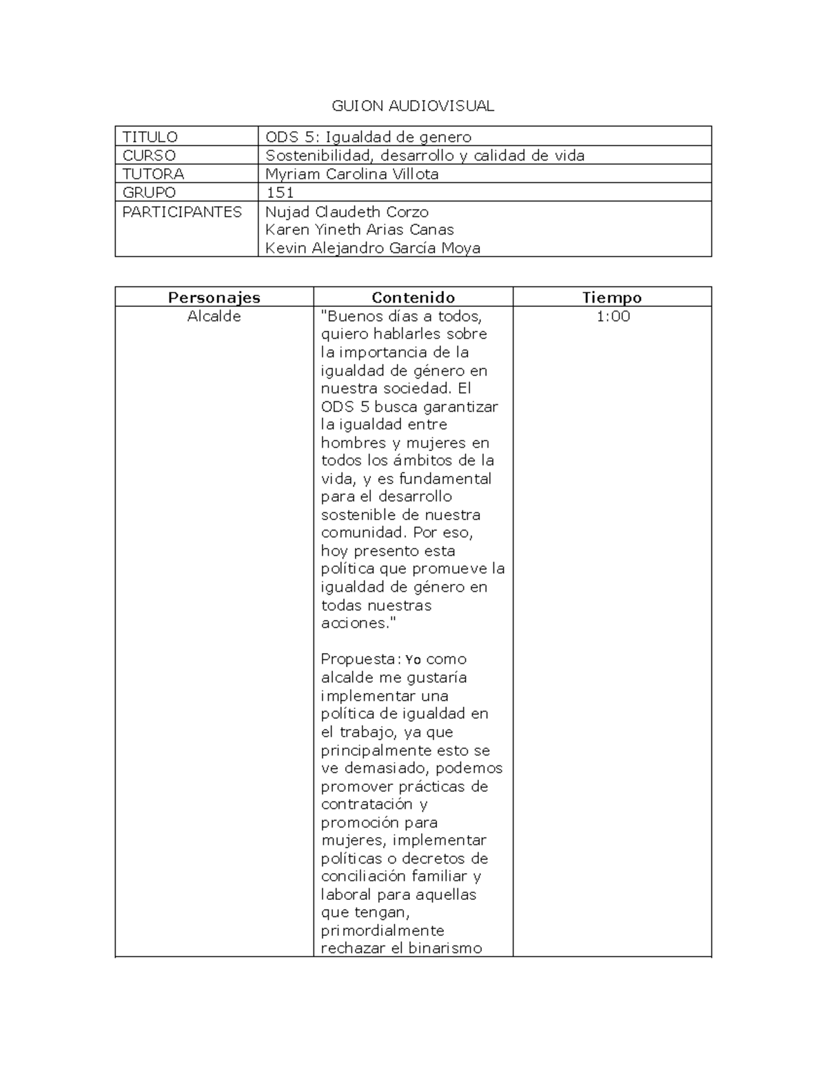 Guion Audiovisual actualizado - GUION AUDIOVISUAL TITULO ODS 5: Igualdad de genero CURSO - Studocu