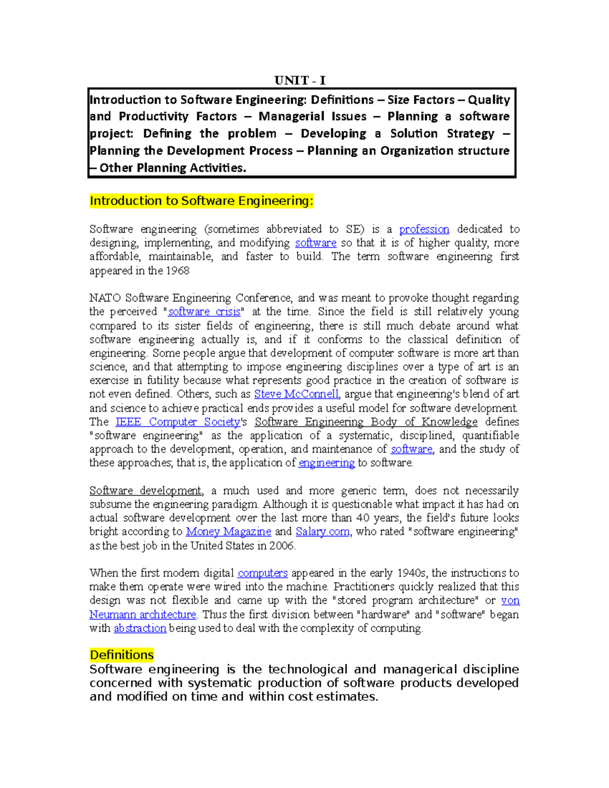 Software Engineering Draft Module - UNIT - I Introduction to Software ...