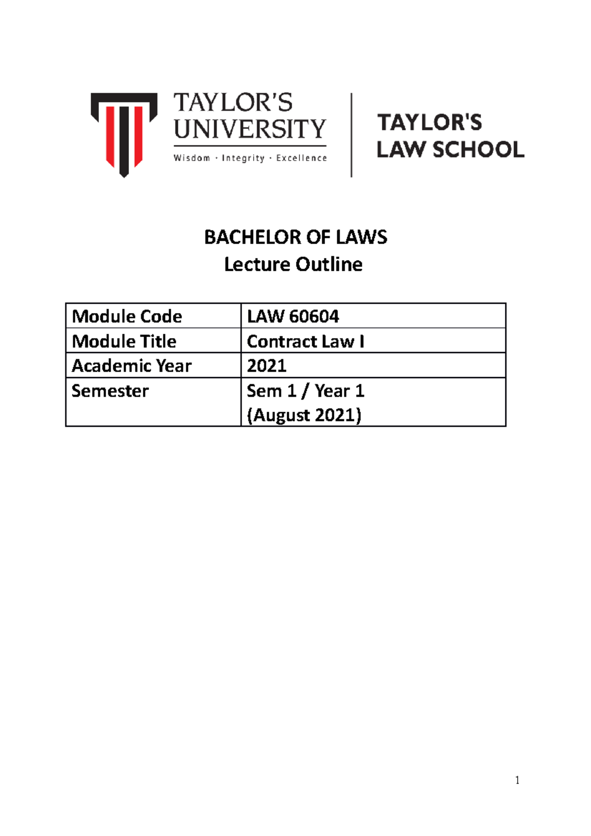 1. 202108 Lecture Outline - BACHELOR OF LAWS Lecture Outline Module ...