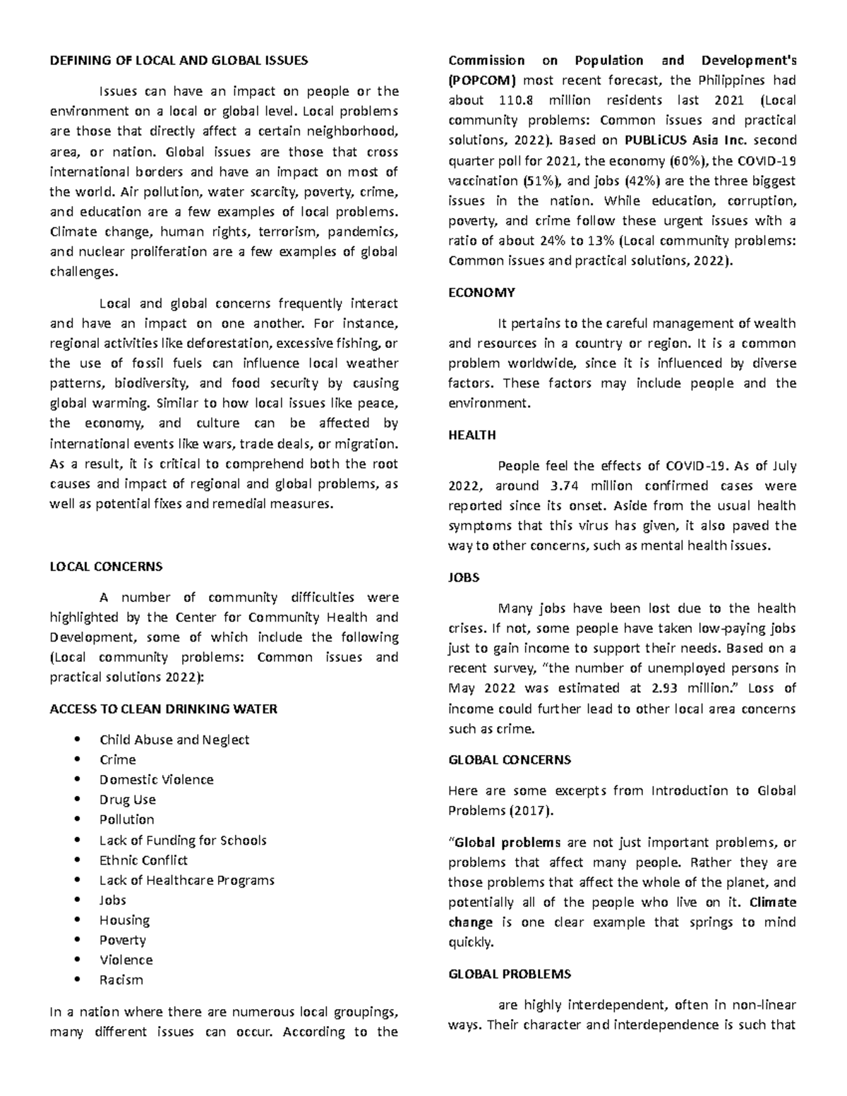 GIC Midterm - n/a - DEFINING OF LOCAL AND GLOBAL ISSUES Issues can have ...
