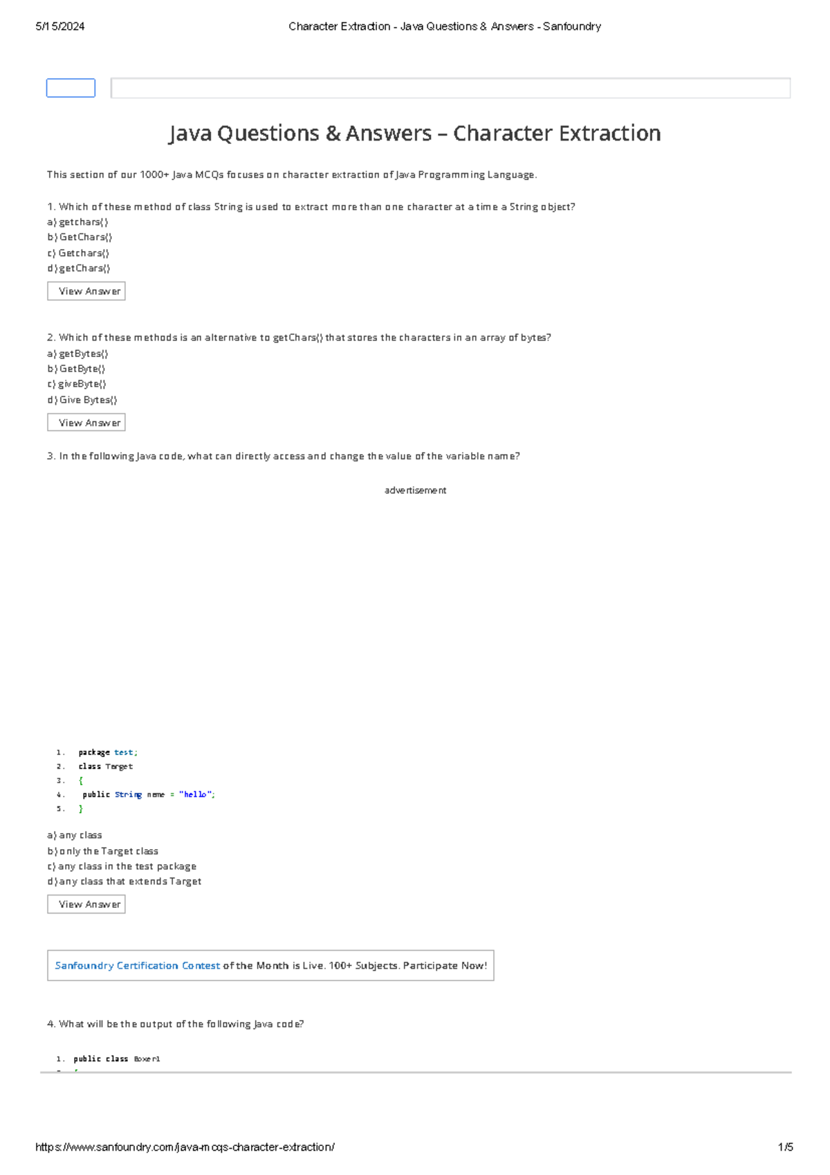 Character Extraction - Java Questions & Answers - Sanfoundry - Java Questions & Answers – - Studocu
