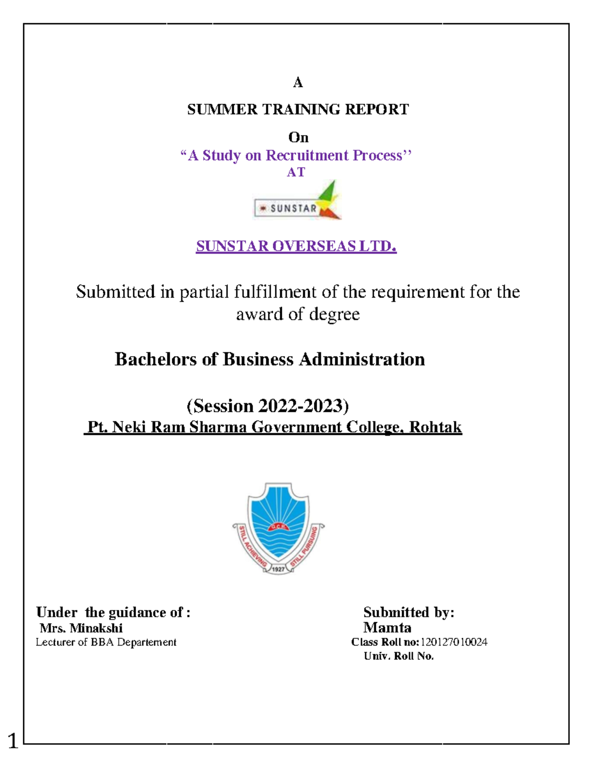 Mamta summer training report - A SUMMER TRAINING REPORT On “A Study on ...