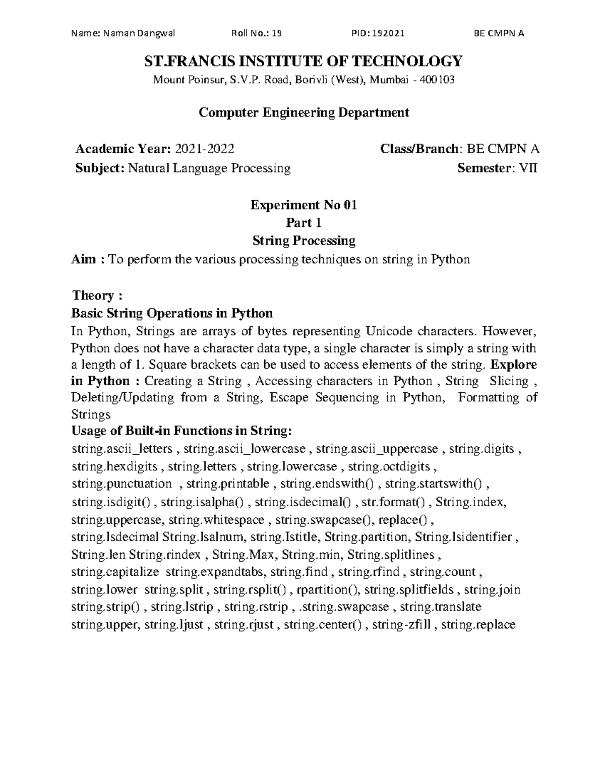 NLP Exp 1 19 - nlp_exp1 - Name: Naman Dangwal Roll No.: 19 PID: 192021 BE CMPN A ST INSTITUTE OF ...