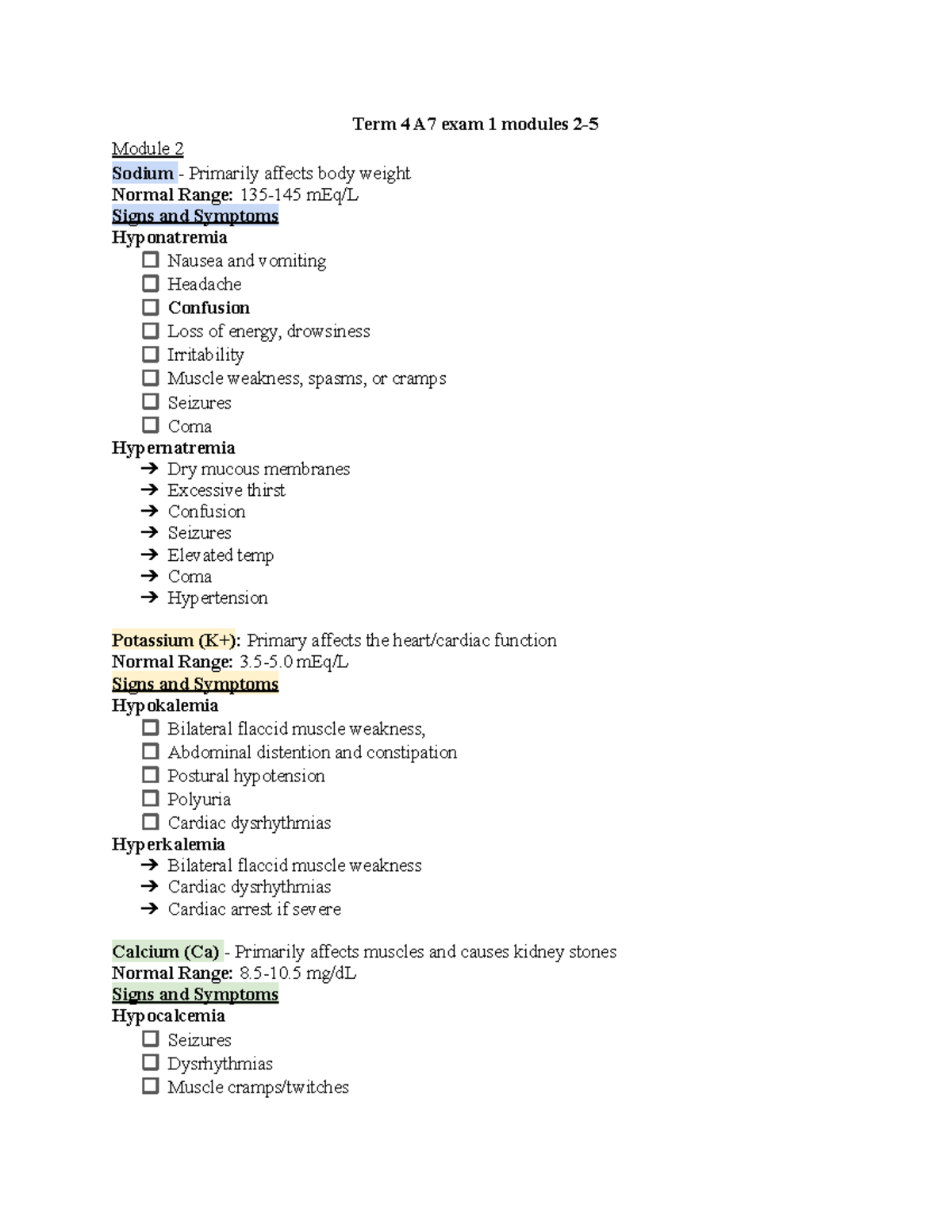Exam 1 - Exam 1 - Term 4 A7 exam 1 modules 2- Module 2 Sodium ...