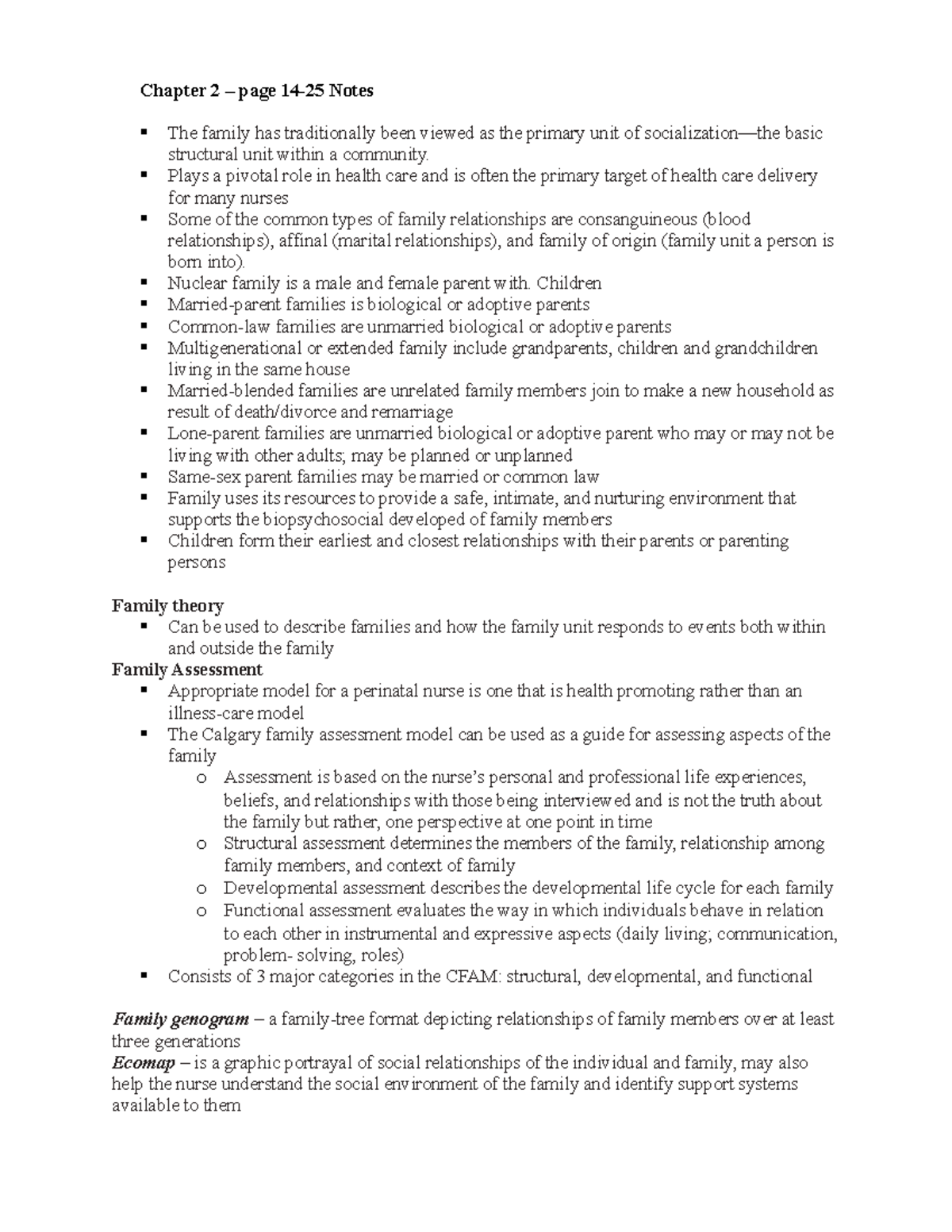 Chapter 2 Family Notes - Chapter 2 – page 14-25 Notes The family has ...