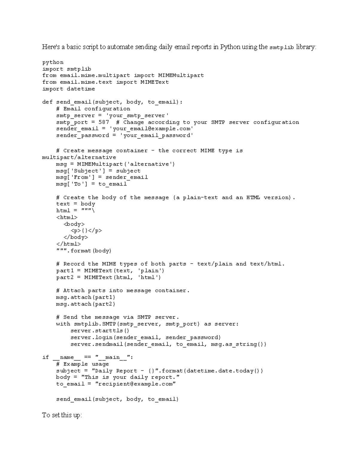Python script for daily email report - Here's a basic script to automate sending daily email ...