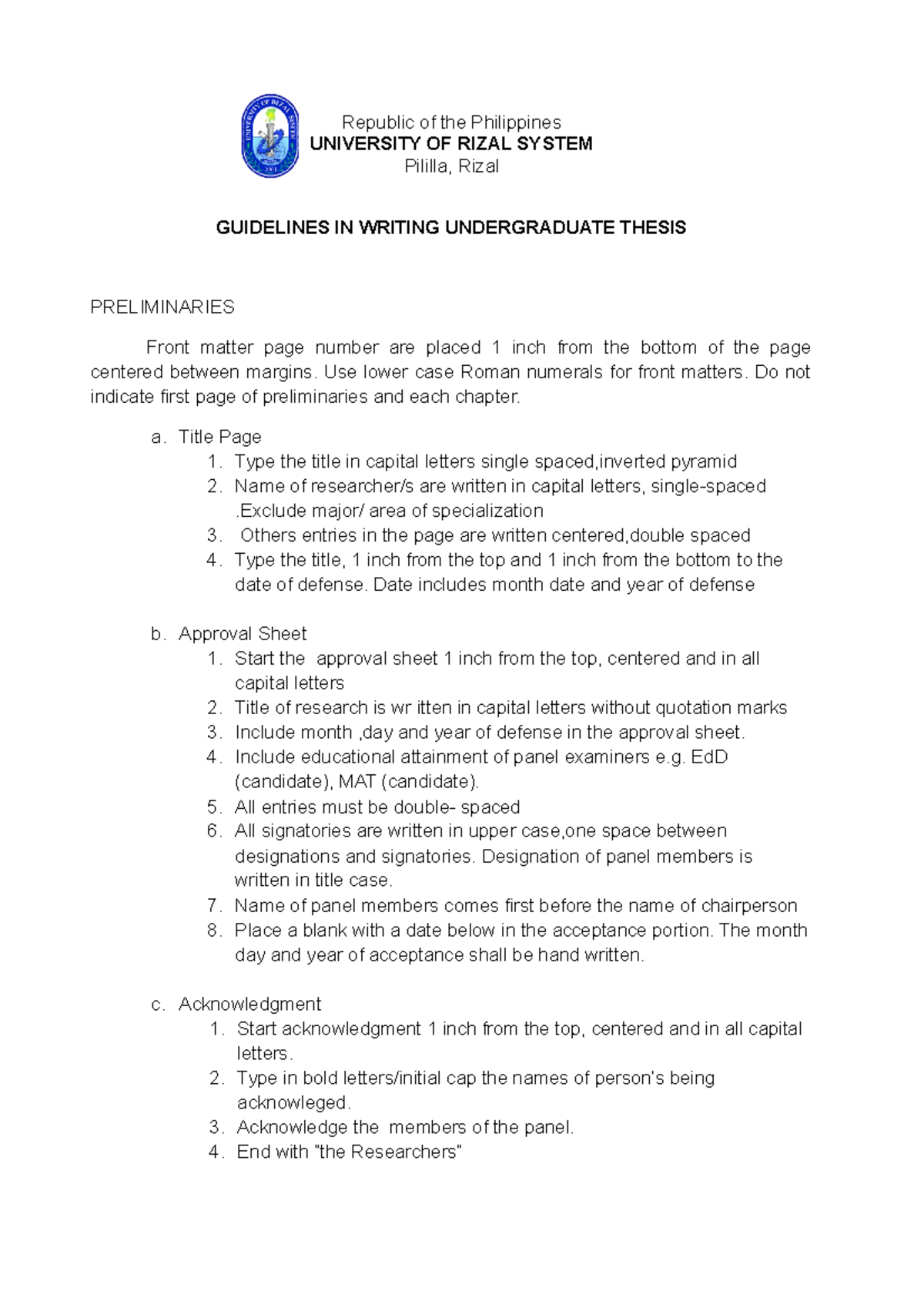 Guidelines in thesis writing - Republic of the Philippines UNIVERSITY ...