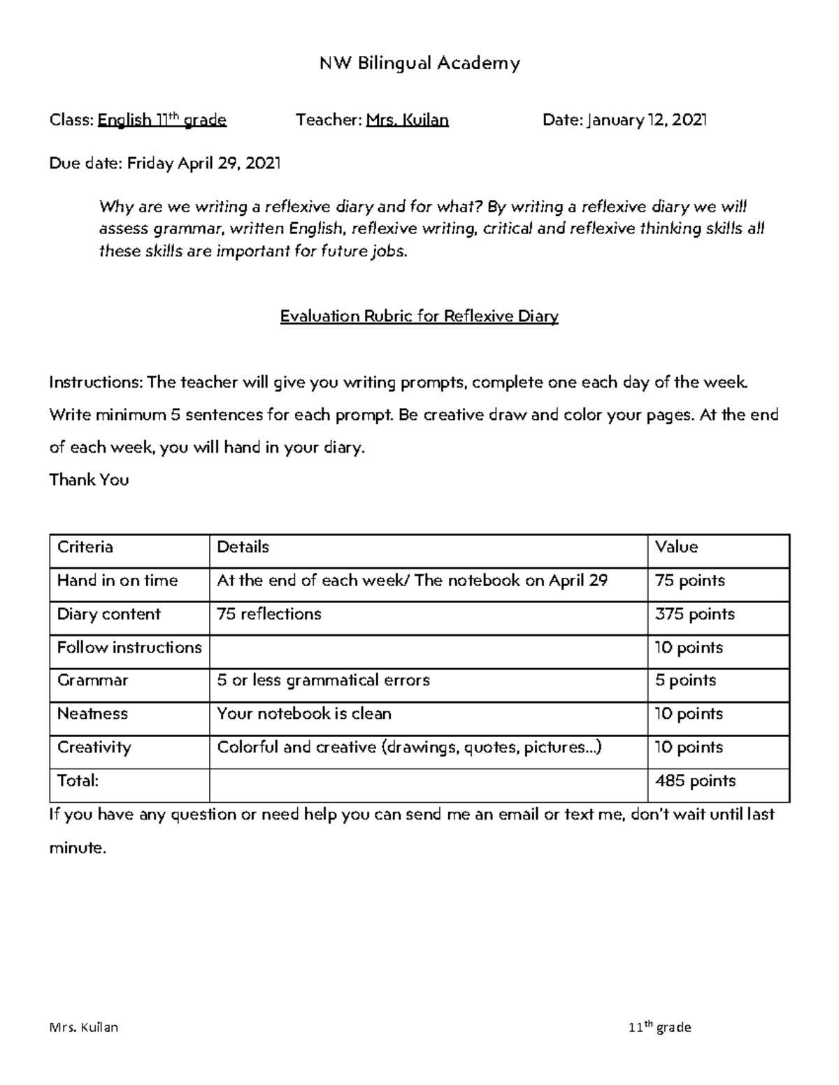 Reflexive diary rubric 11th grade - Class: English 11 th grade Teacher ...