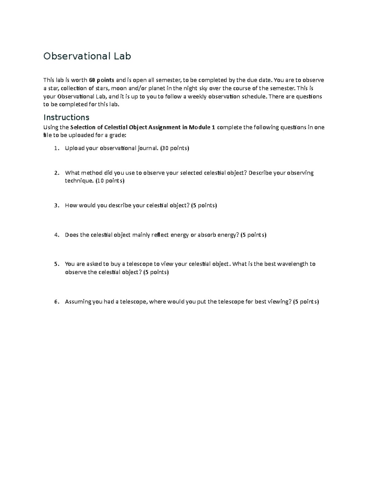 Observational Lab Assignment - Observational Lab This lab is worth 60 ...