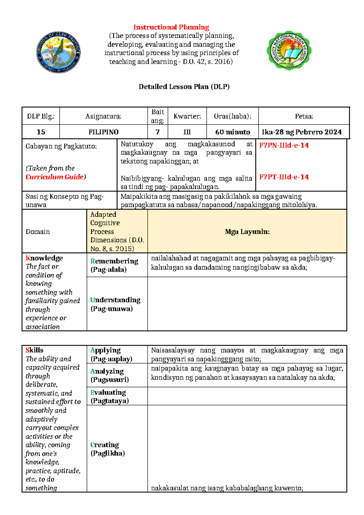 Q3 DLP in FIL 7 -CO1 - filipino 7 -dlp - Instructional Planning (The process of systematically ...