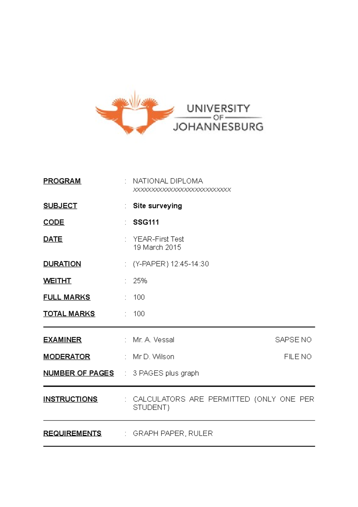 Exam Front SSG111 first test2015 - UJ - Studocu