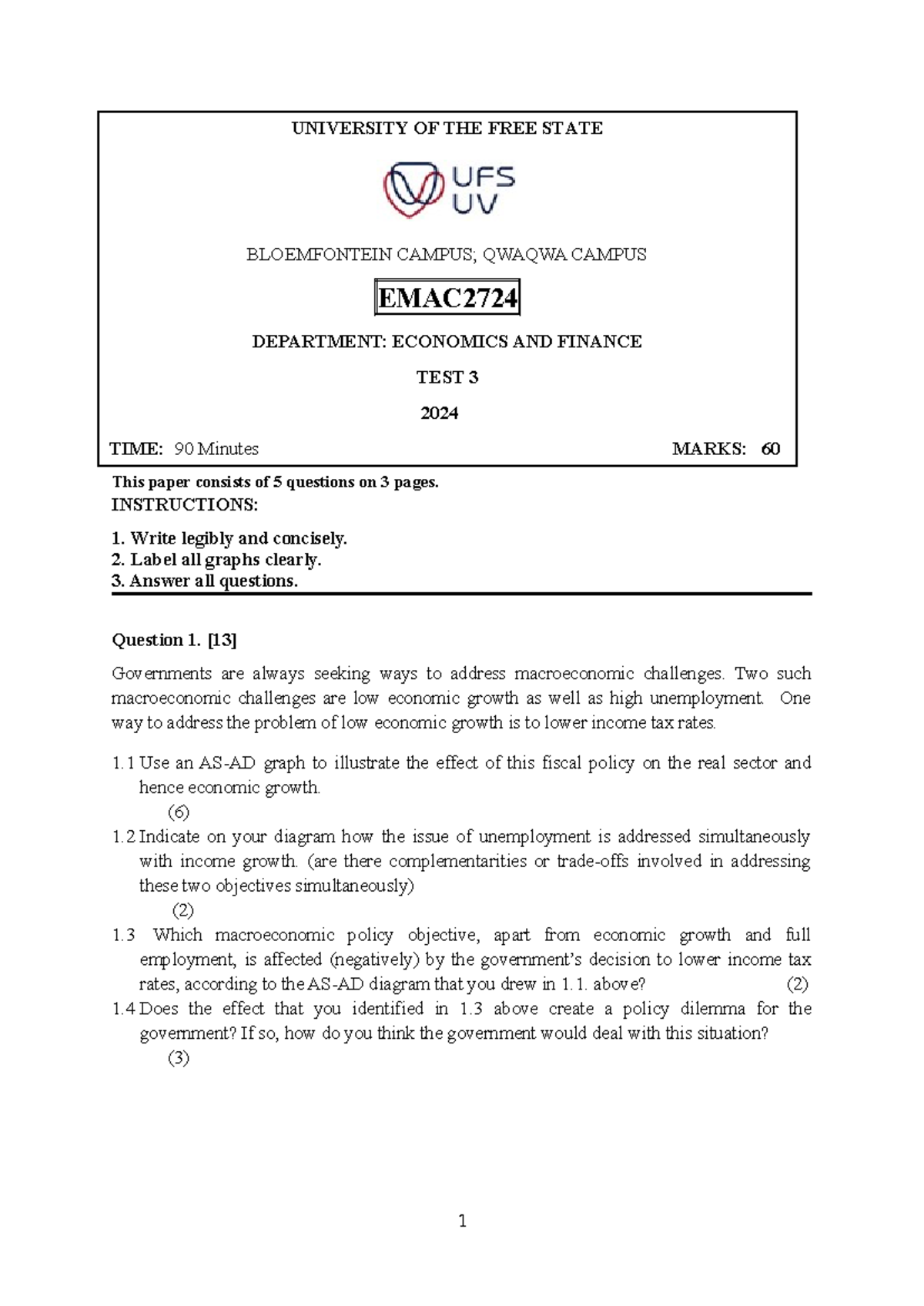 2024 Test 3 memo - practice exam - This paper consists of 5 questions ...