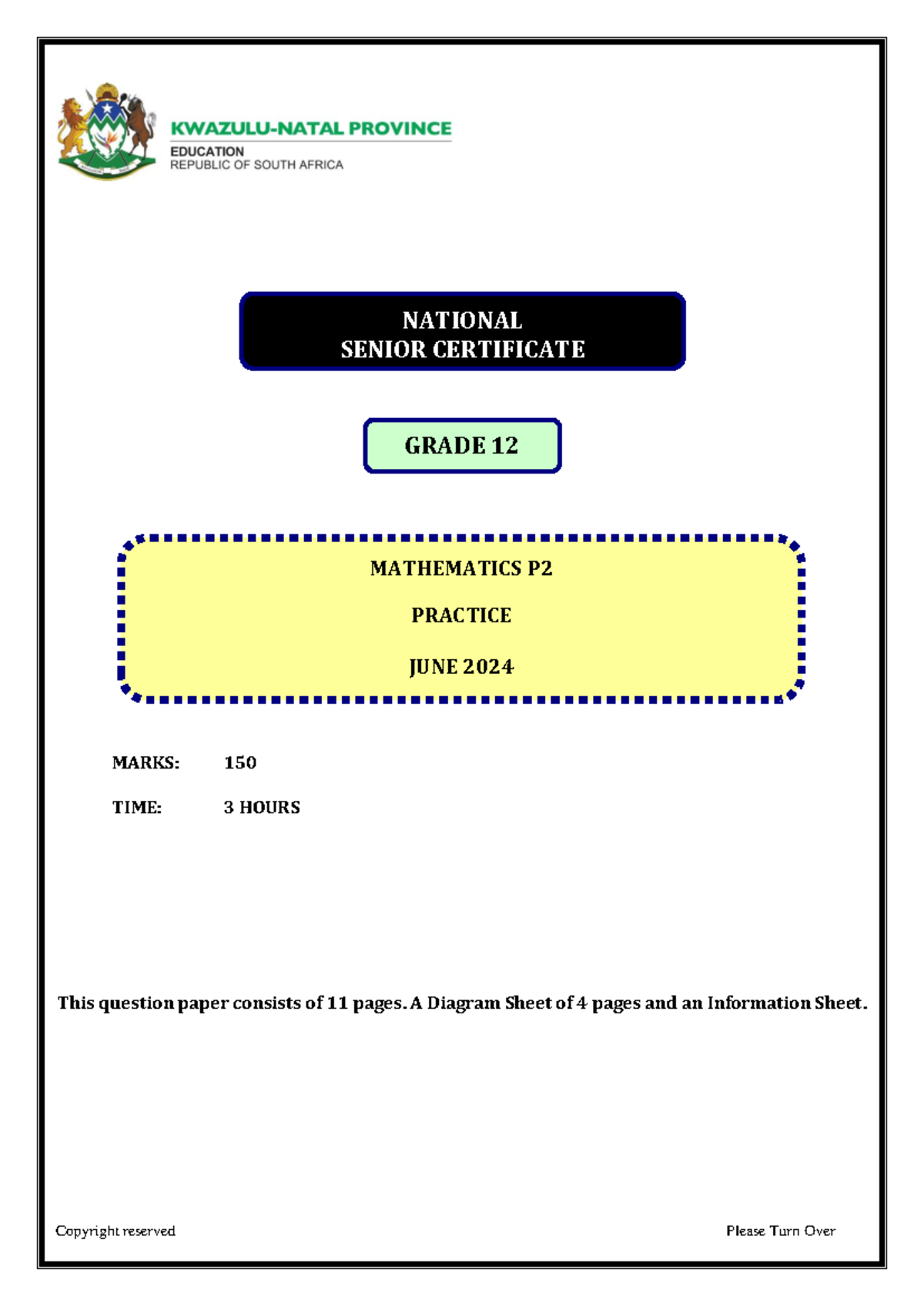 Grade 12 Math Paper 2 June Practice 2024 - MARKS: 150 TIME: 3 HOURS ...