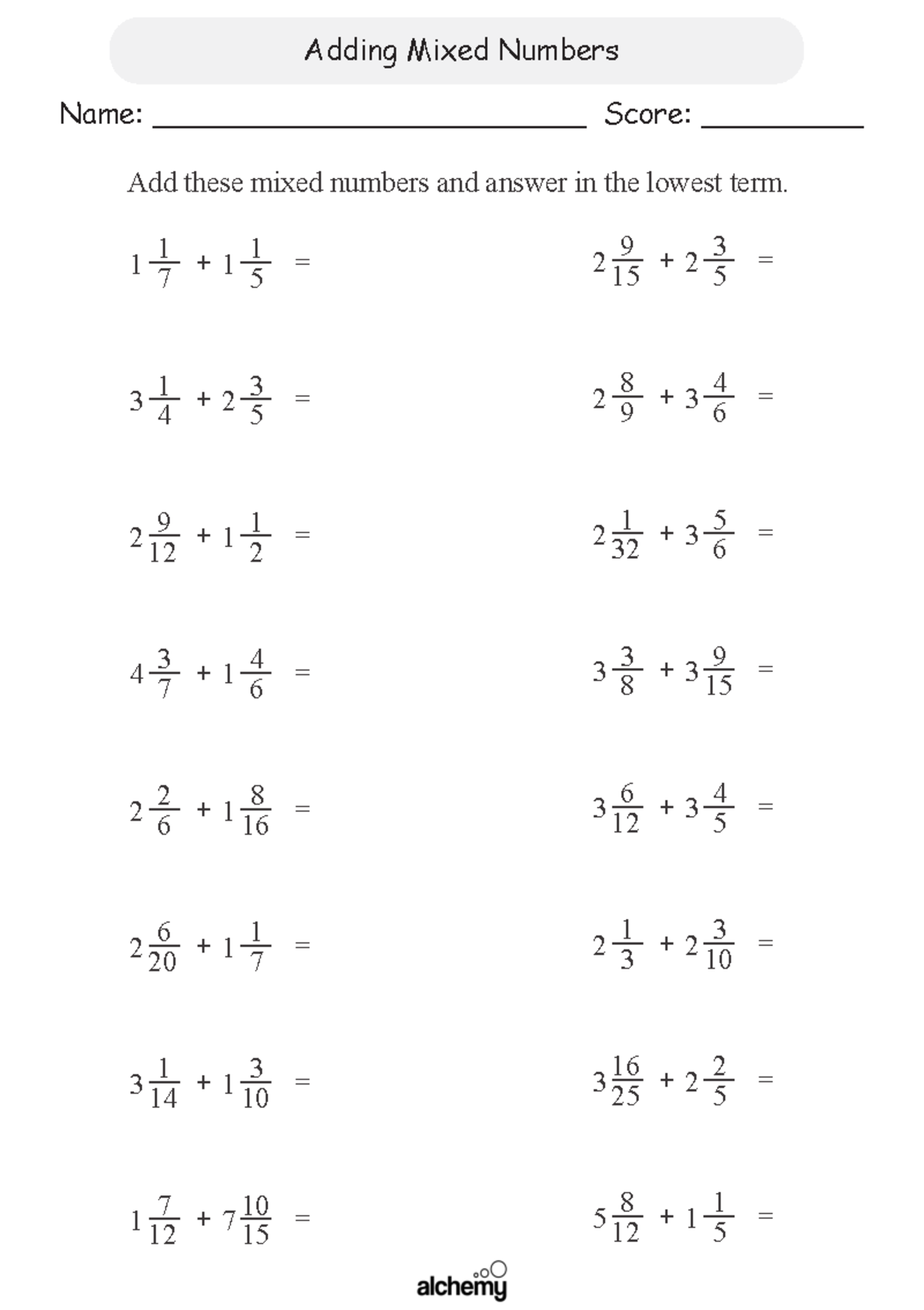 Year 6 - Primary Maths Worksheet (Adding Mixed Numbers) Set 2 - Name