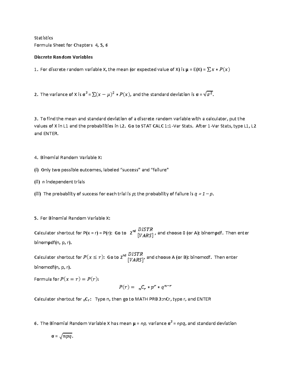 Formula Sheet for 4 5 6 pdf - Statistics Formula Sheet for Chapters 4 ...