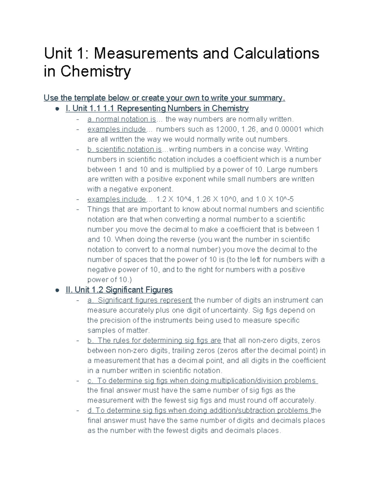 Unit 1 & 2 summary and notes for Chem 100 - Unit 1: Measurements and ...