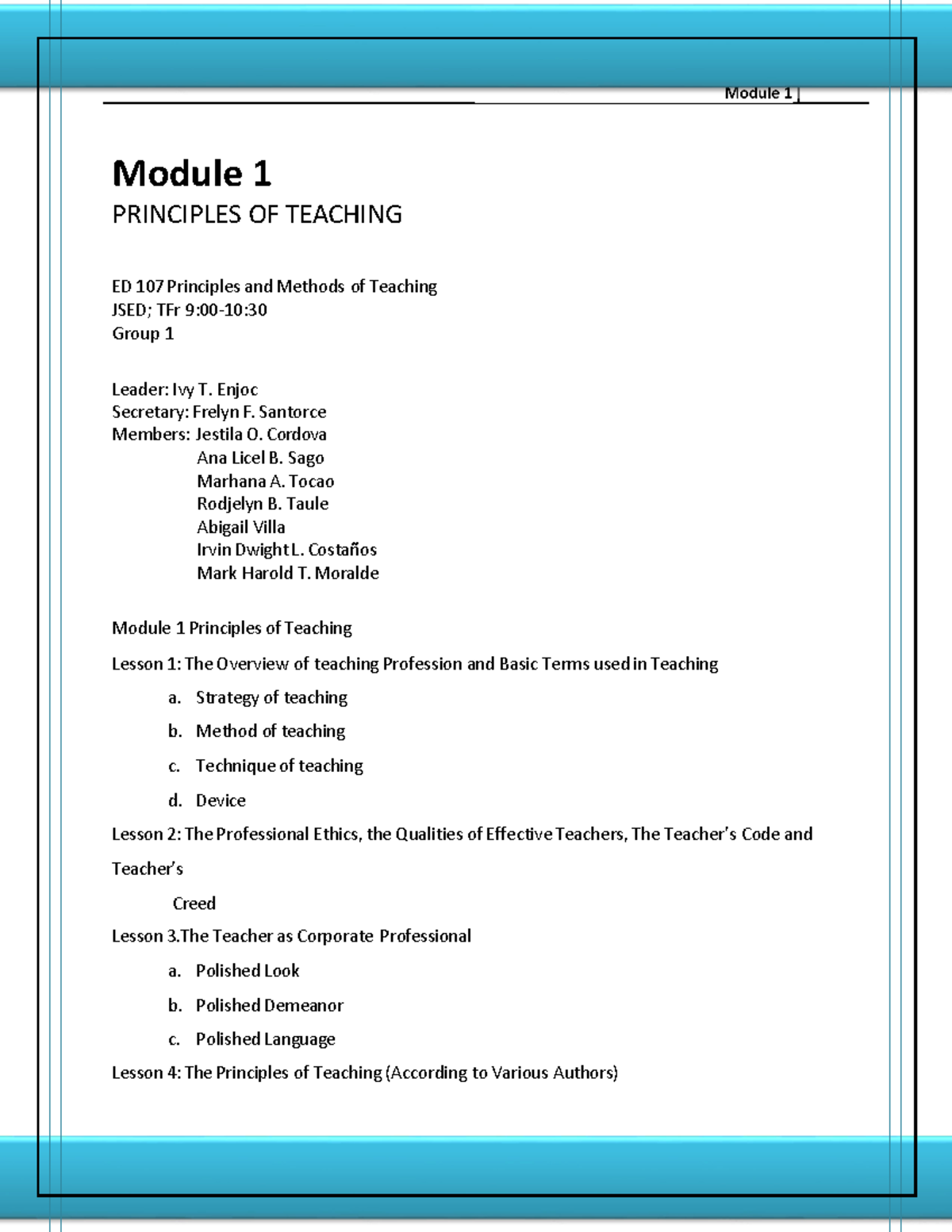 Blept Eng 4 Asynchronous Act - Module 1 PRINCIPLES OF TEACHING ED 107 Principles and Methods of ...