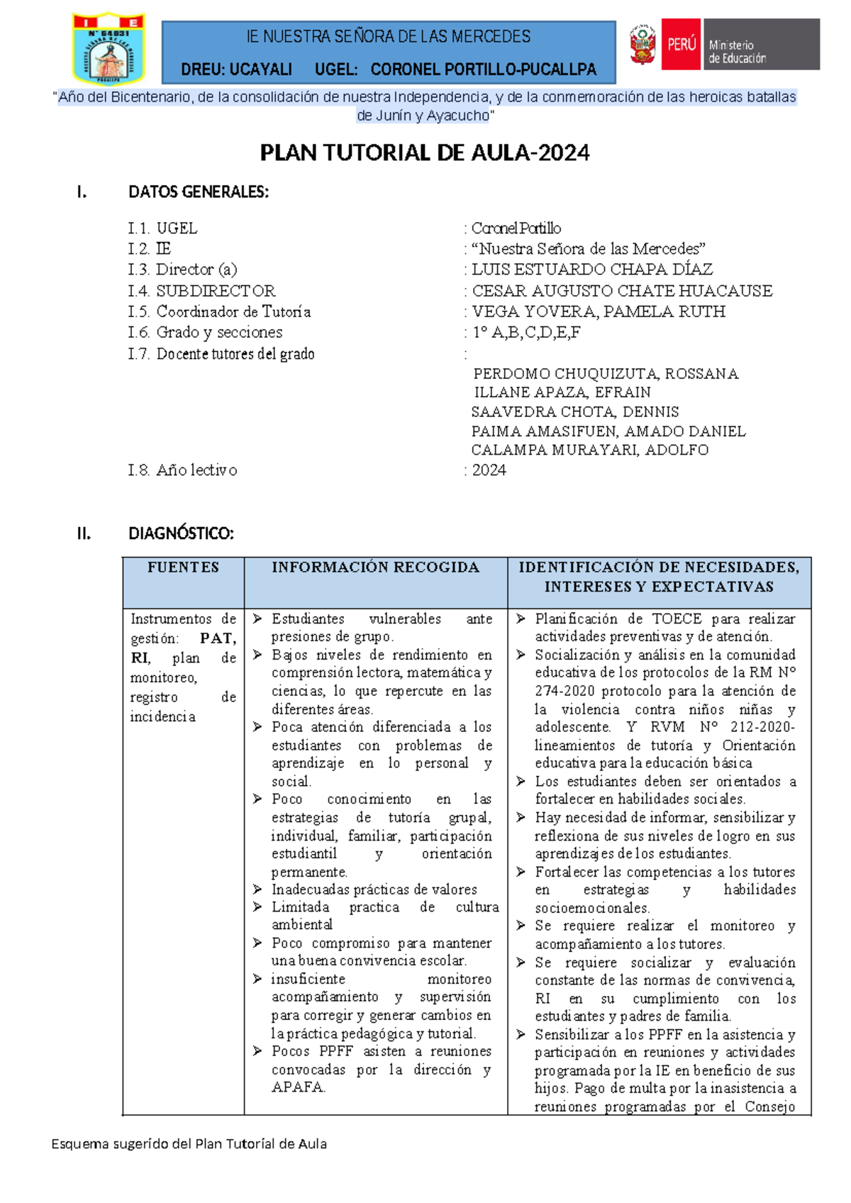 PLAN DE Tutoria DE AULA-2024- 1° AÑO - DREU: UCAYALI UGEL: CORONEL PORTILLO-PUCALLPA “Año del ...